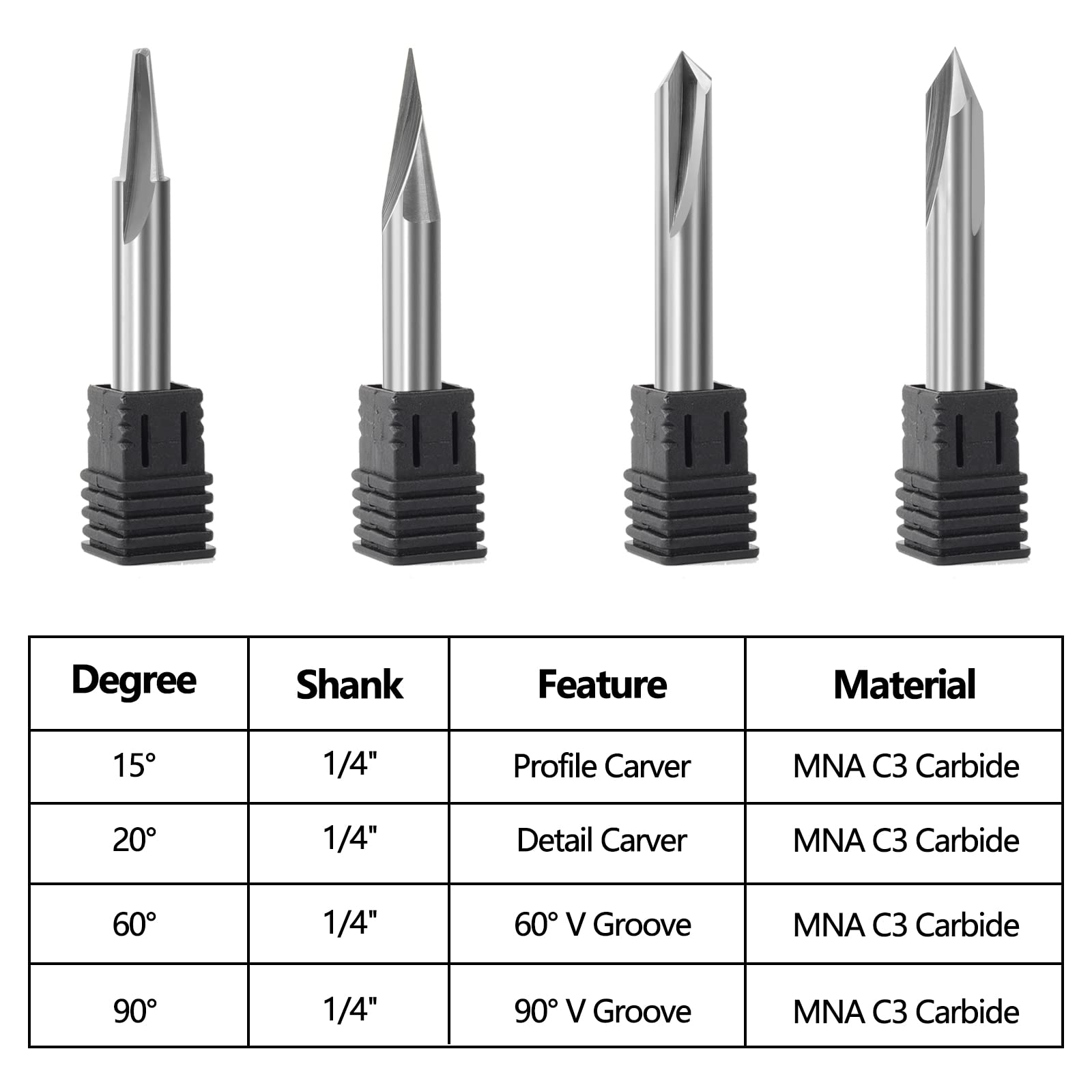 MNA Engraving CNC Wood Carving Router Bit Set, 4 Piece, 1/4" Shank, Soild Carbide 15° 20° 60° 90° V Groove Bit. for CNC or Wood Router, MNA Industrial Grade.