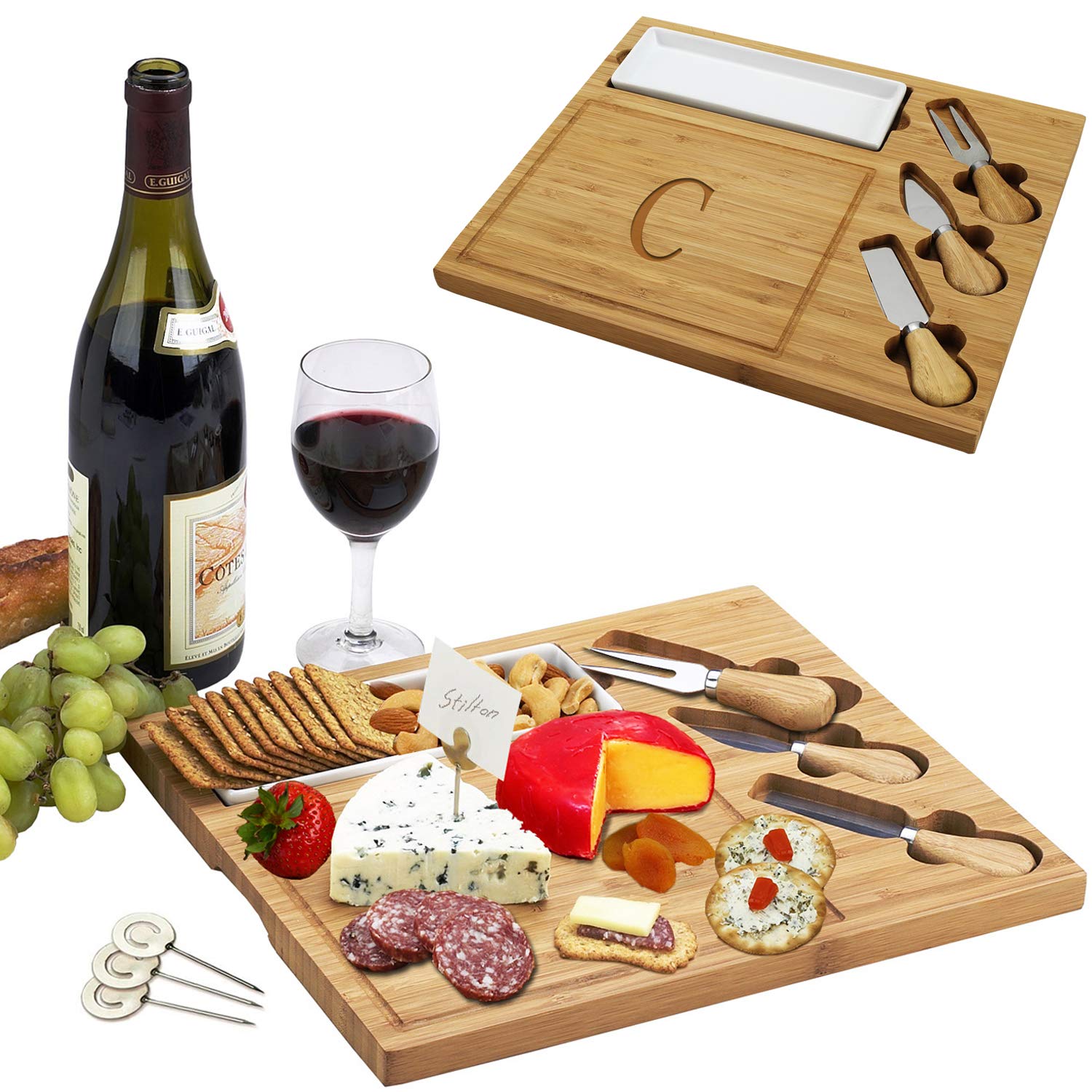 Picnic at Ascot Personalized Monogrammed Engraved Bamboo Cutting Board for Cheese & Charcuterie Platter- includes Knives, Ceramic Dish, & Cheese Markers - Designed and Quality Checked in USA