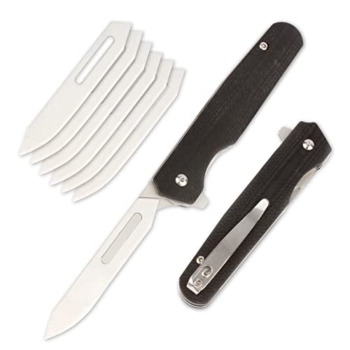 TENCHILON G36 Compact Folding Pocket Scalpel Knife, 6pcs 440C #60 Replaceable Blades, Contoured G10 Handle, Small Slim Gentleman's Flipper Utility EDC Knives with Pocket Clip