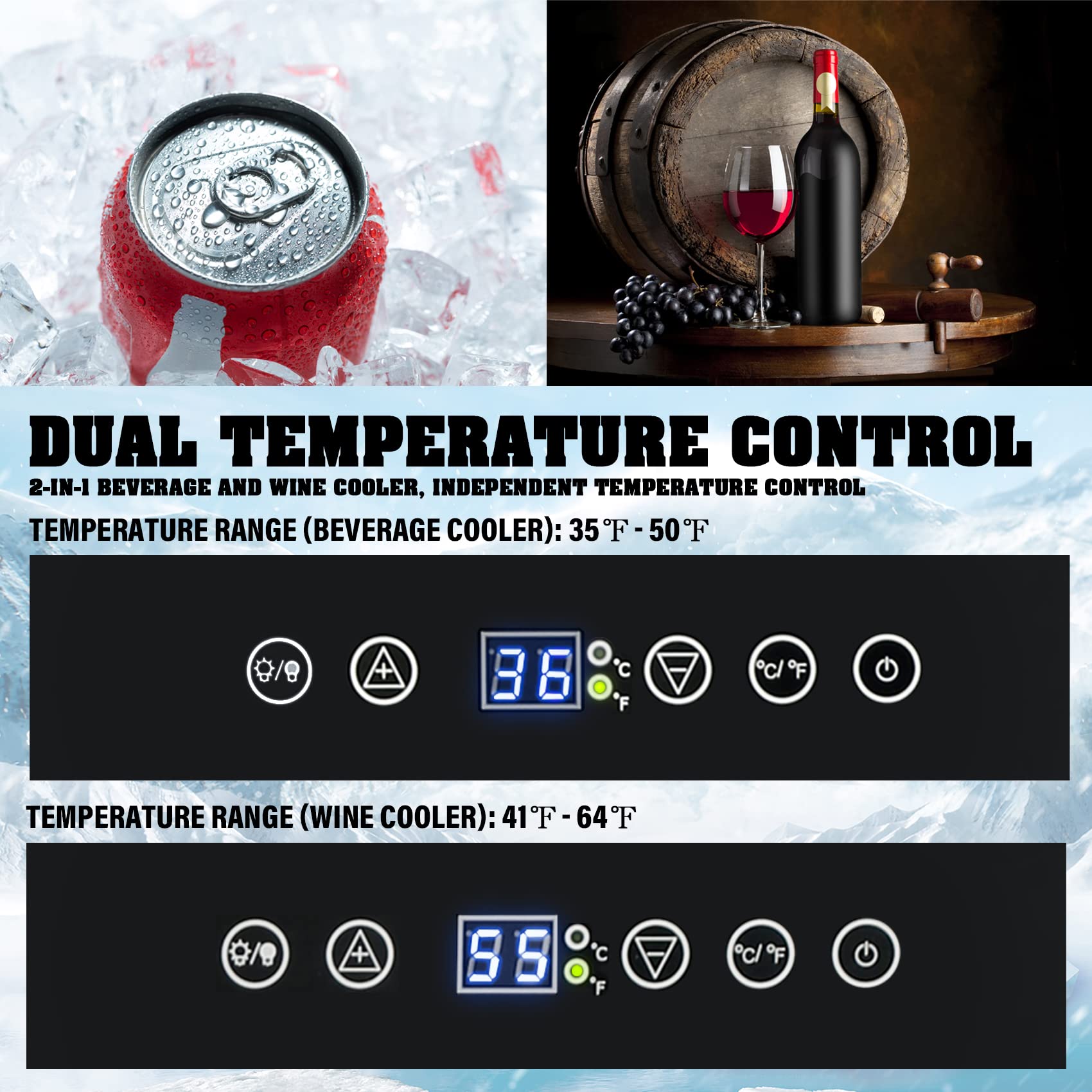 TCFUNDY Wine and Beverage Refrigerator, 2-IN-1 Beverage and Wine Cooler Dual Zone, Holds 18 Bottles and 57 Cans, Independent Temperature Control, Built-In or Freestanding Fridge