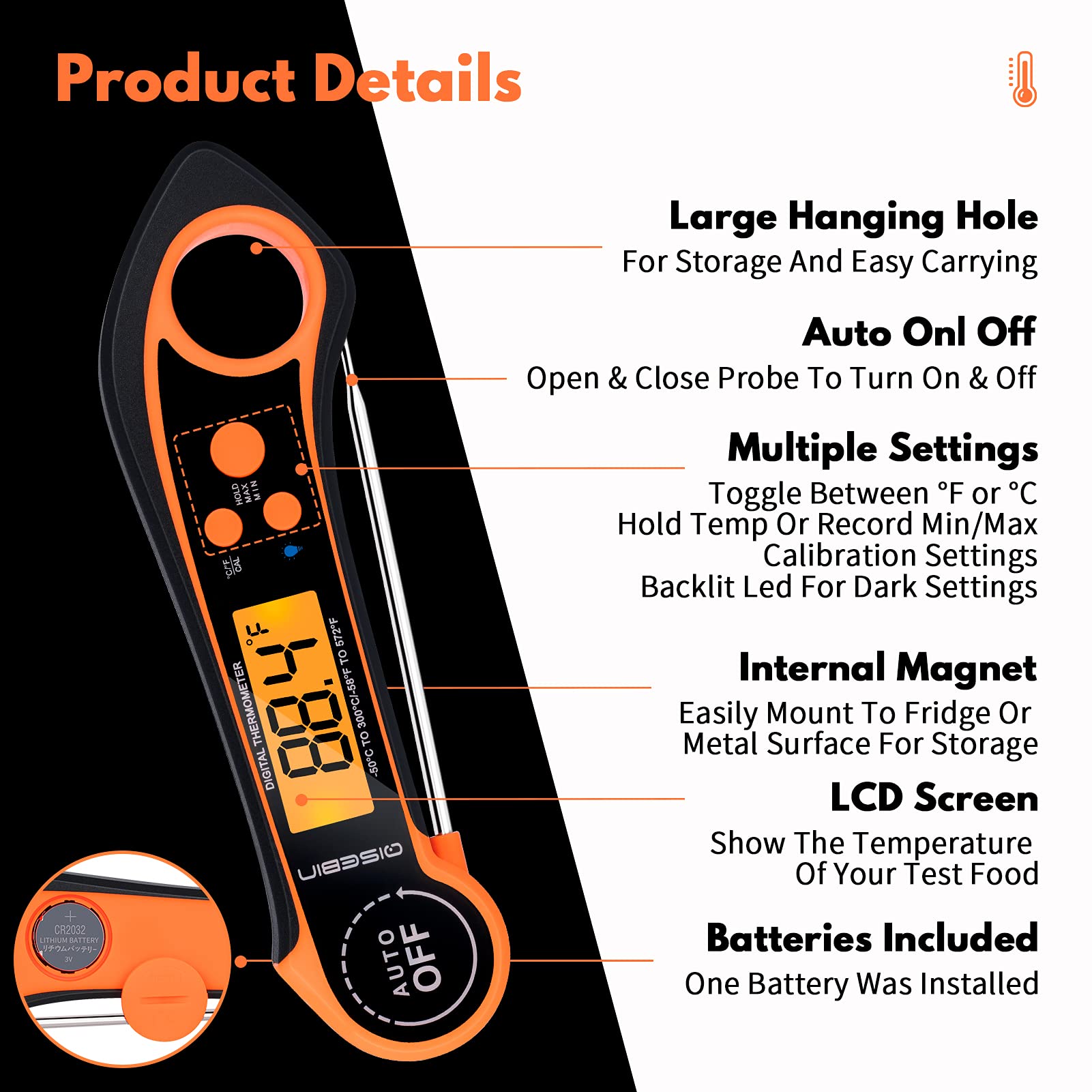 Qisebin Digital Meat Thermometers for Cooking Grilling - IPX7 Waterproof Instant Read Food Thermometer for Meat, Deep Frying, Baking, Outdoor & BBQ (Orange)