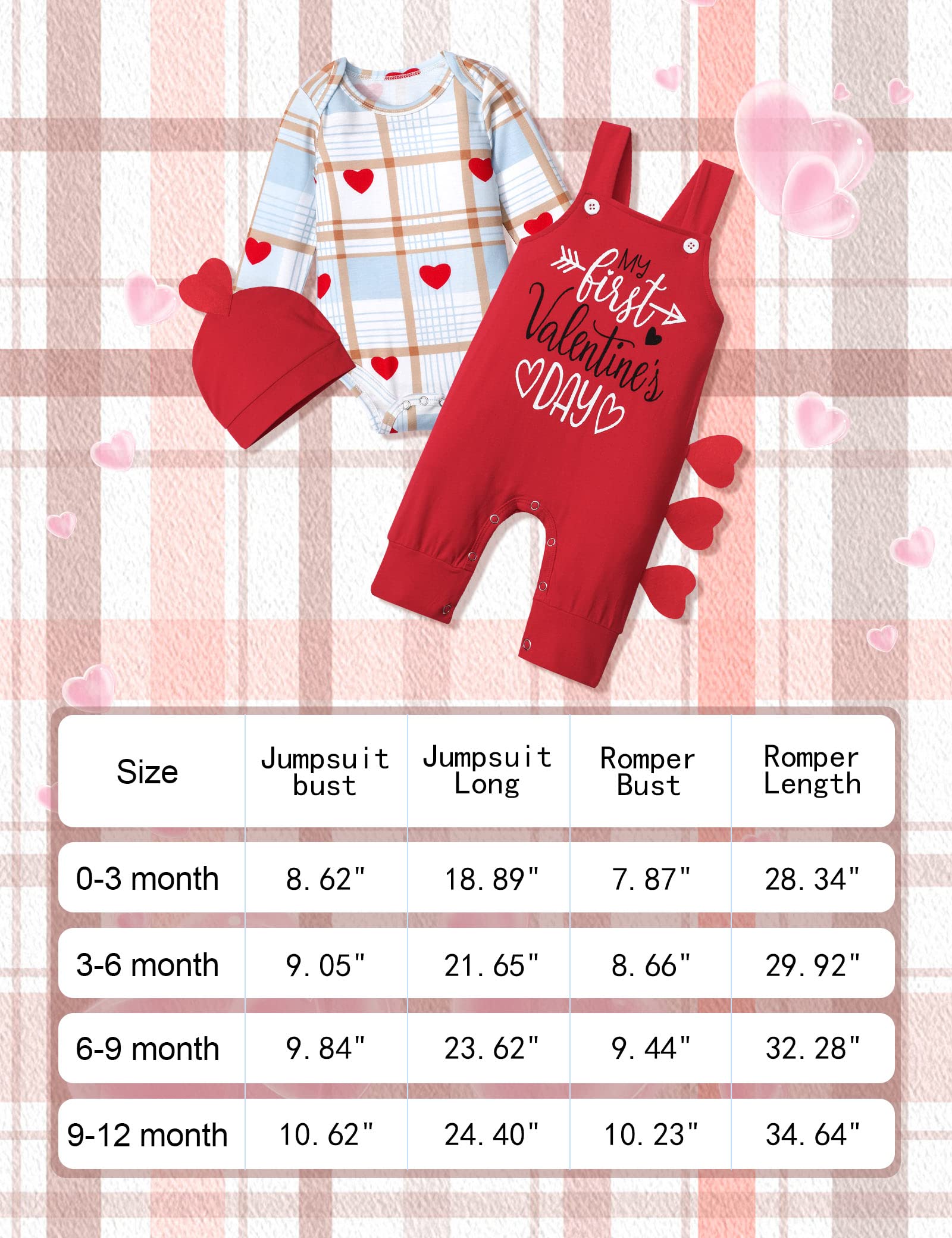 Tomolant toddler boy valentines day outfit love pattern plaid long sleeve romper +red jumpsuit +hat 3PCS valentines boy outfit