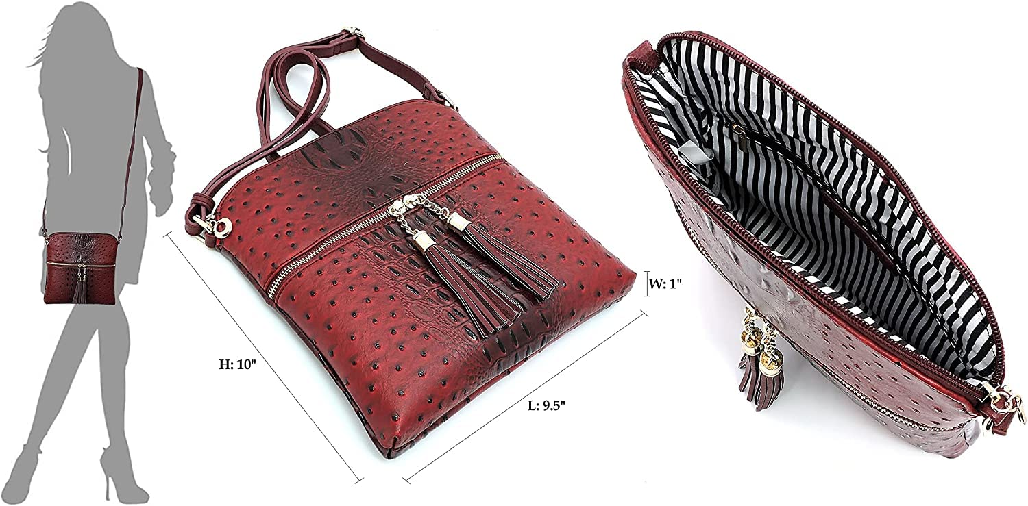 Ostrich Croc Tassel Zipper Pocket Crossbody Bag Animal Pattern Printed Shoulder Bag Womens Purse Satchel (Beige)