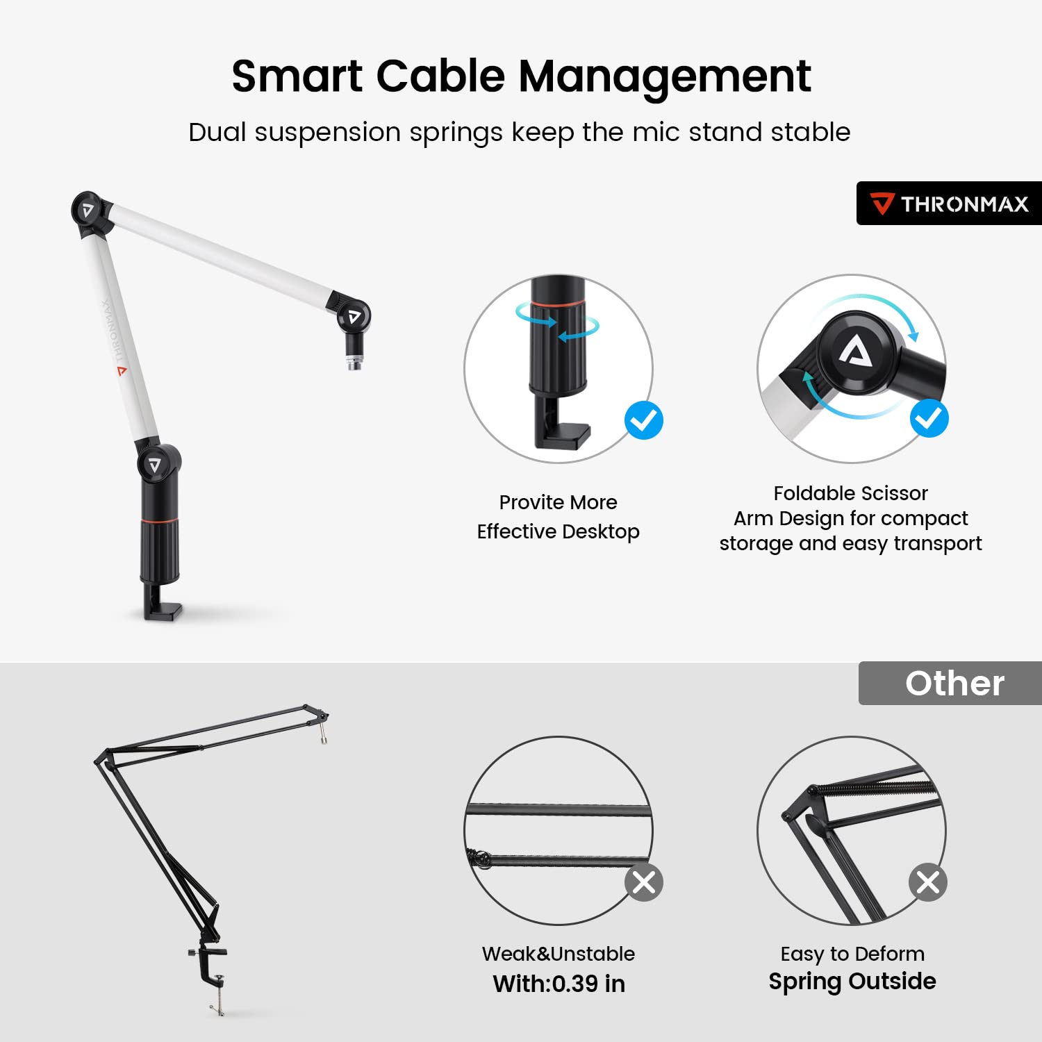 Professional Boom Arm Stand, THRONMAX Flex S5 Mic Stand for Game Streaming and Broadcasting/Sturdy and Universal Mic Arm with 1/4”,3/8", 5/8" Adapter