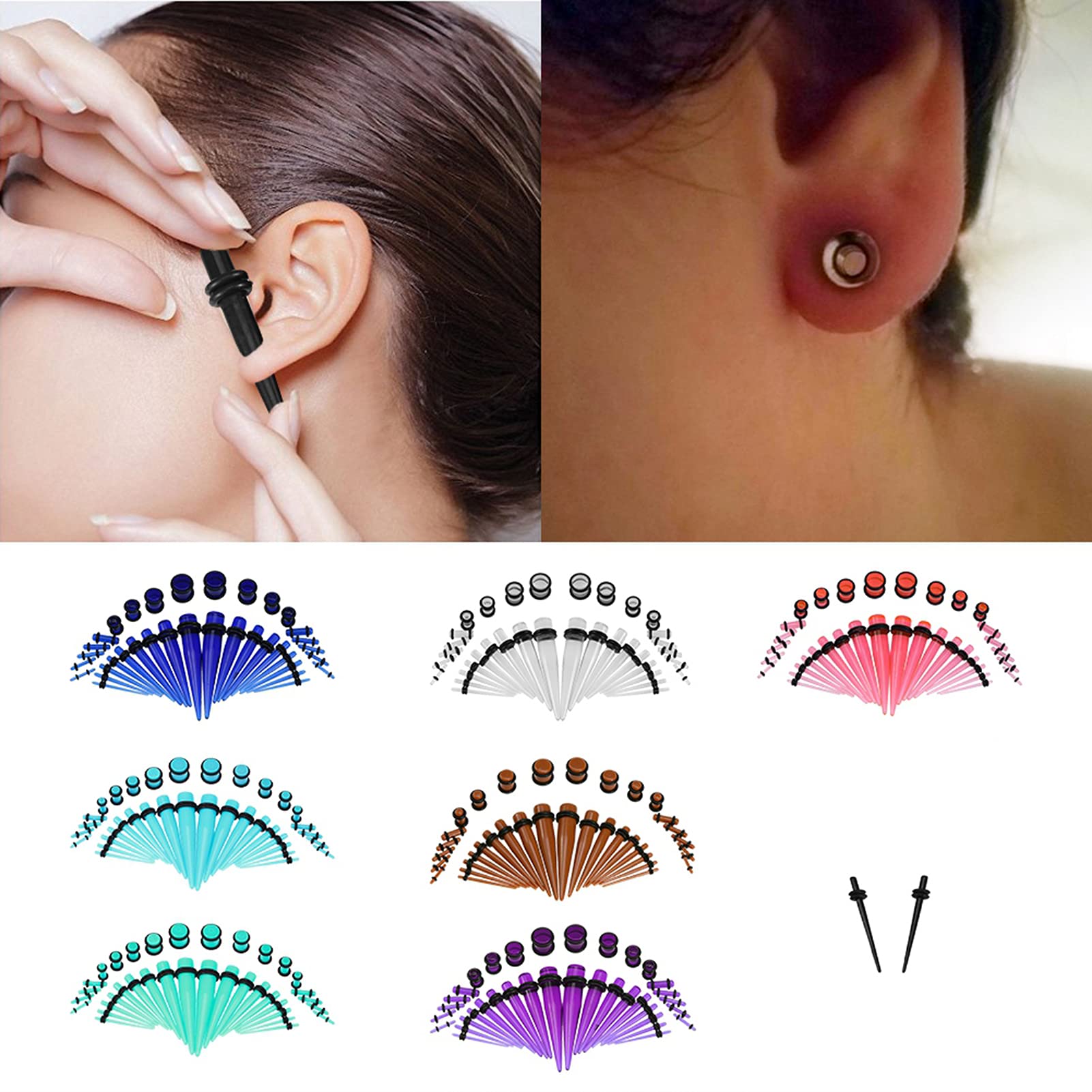 POCREATION Ear Gauges Stretching Kit, 8 Types Fashionable Acrylic Stretcher Ear Plug Taper Expander O-Ring Stretching Kit Body Piercing Jewelry(Transparent pink)