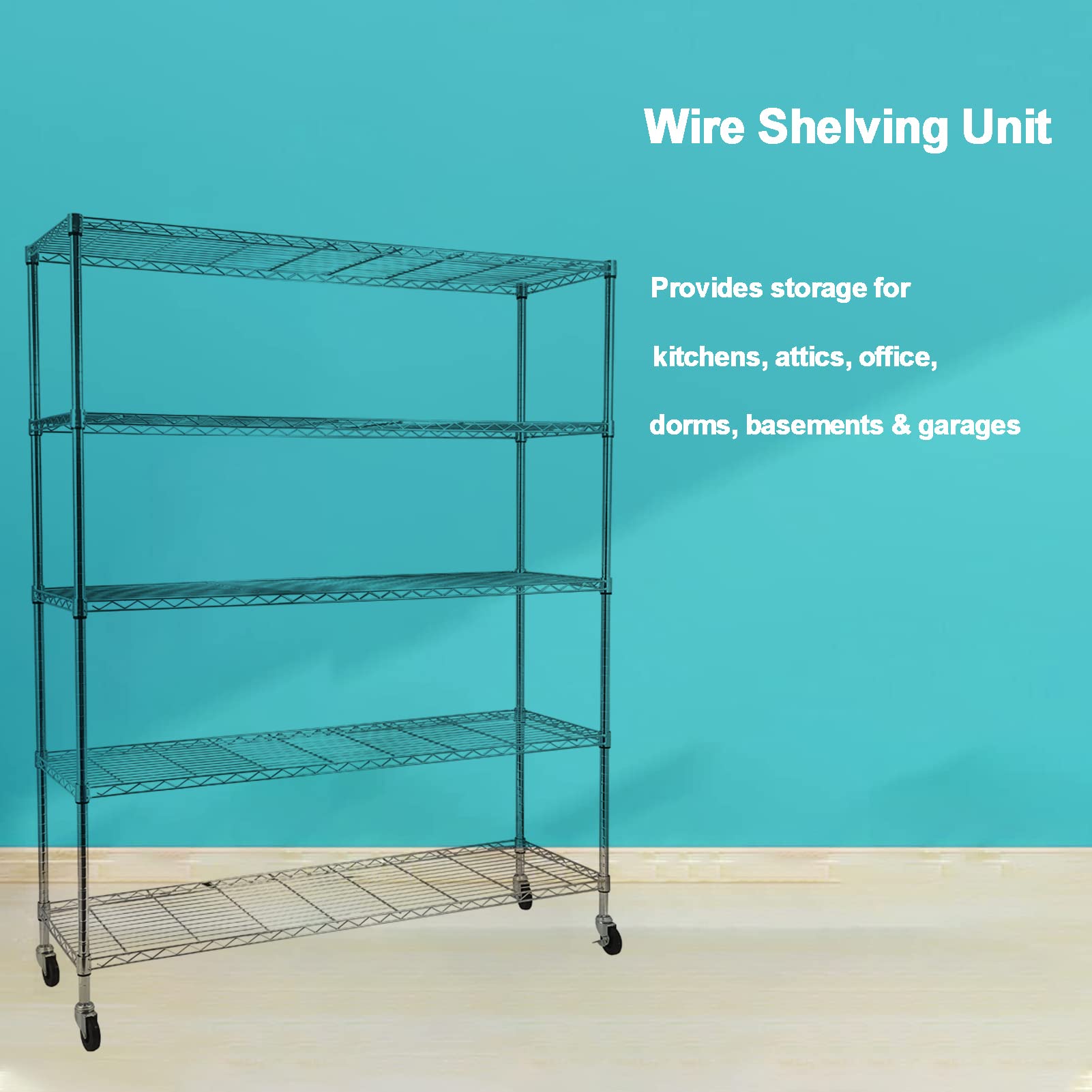 Ymlpre Commercial 5 Tier Steel Wire Shelving Unit with Wheels Ultradurable Heavy Duty Metal Storage Rack Organizer for Garage, Warehouse, Office, Restaurant, Classroom, Kitchen, 5-Tier with Wheels