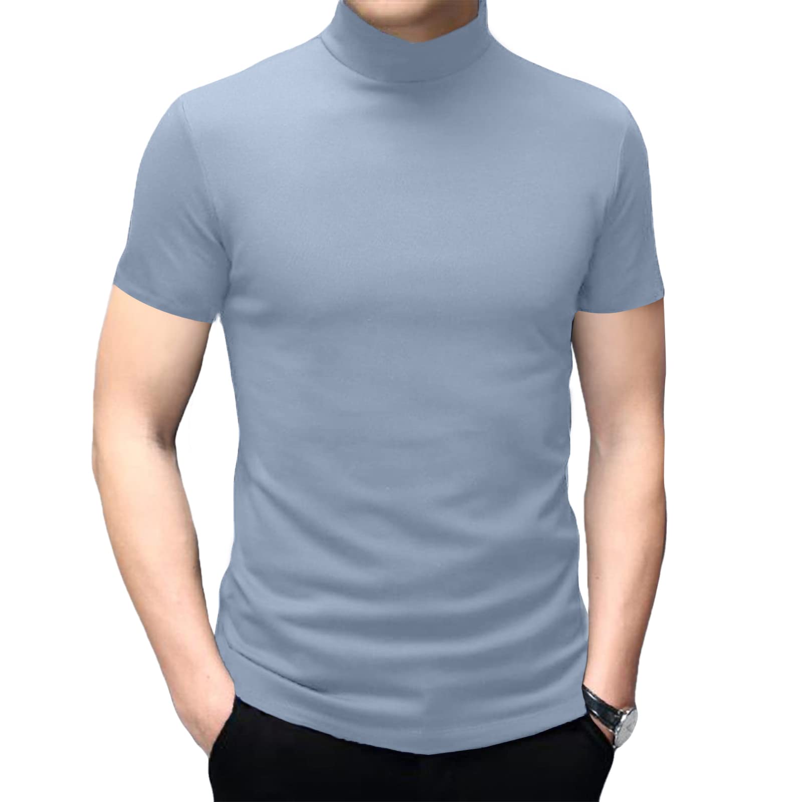 Men's T Shirt Short Sleeve Basic Mock Turtleneck Slim Fit Undershirt Pullover Thermal Solid Tops Dusty Blue