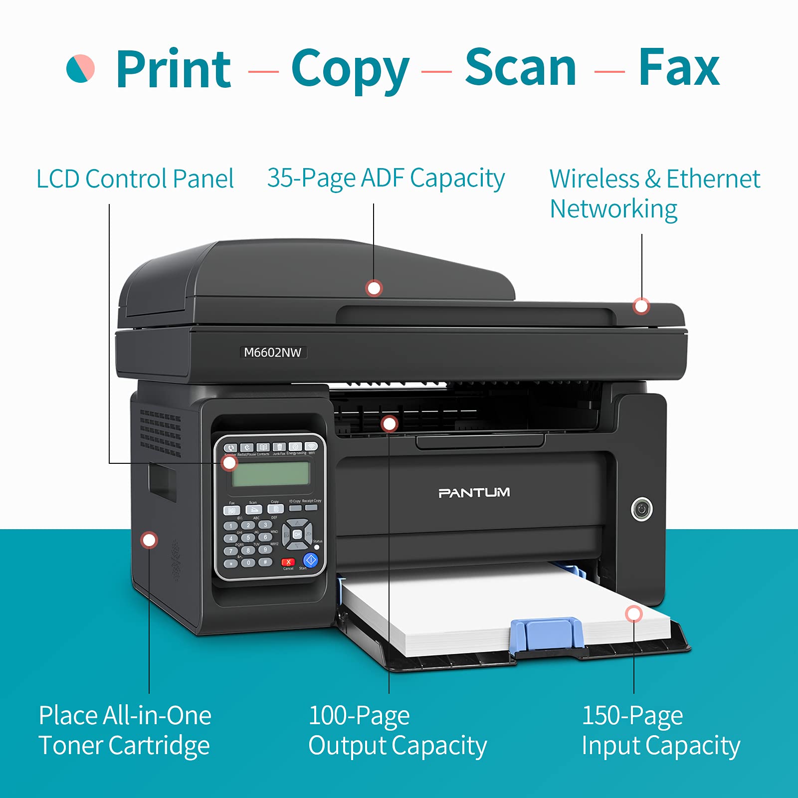 Pantum All in One Laser Printer Monochrome Printer Scanner Copier and Fax with Auto Document Feeder, Wireless Multifunction Black and White Laser Printers for Home Use, M6602NW, Black