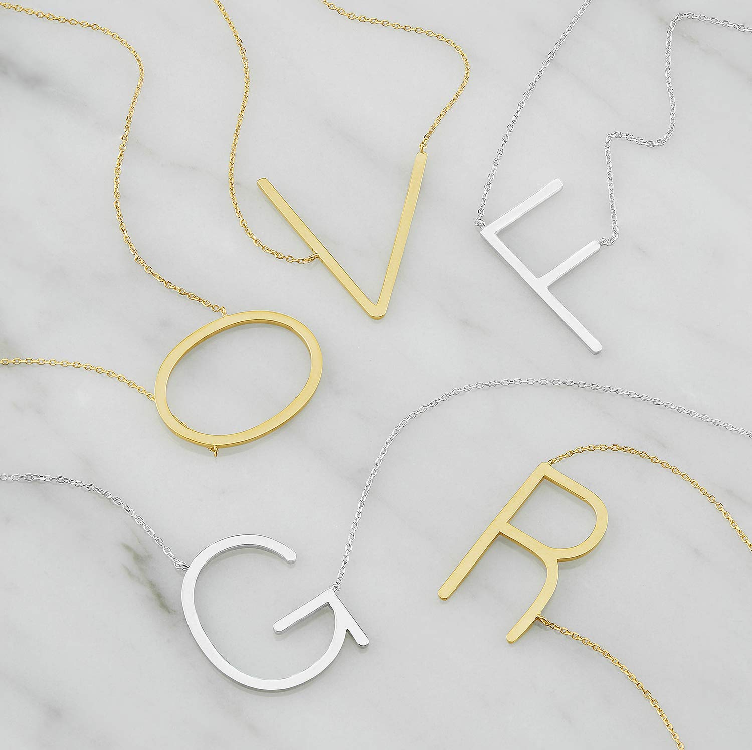 MAX + STONE 14k Gold Plated Sterling Silver Large Sideways Block Initial Letter K Necklace for Woman with 16 Inches to 18 Inches Adjustable Chain and Spring Ring Clasp