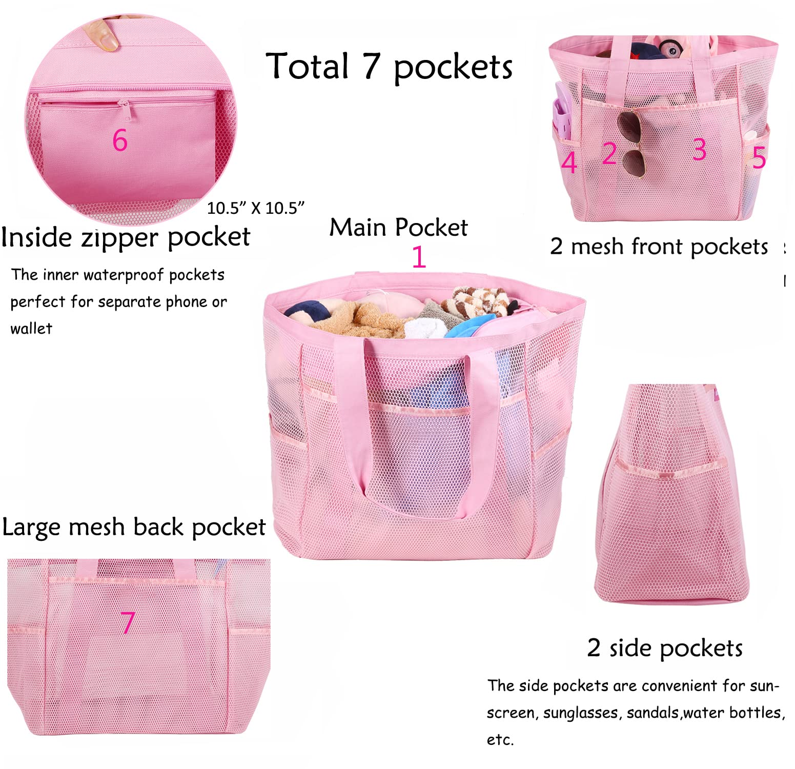 sioglam Large Mesh Beach Bag Pool Bag Zipper Closure Foldable Tote with 7 Pockets Work Out Shopping Shoulder Bag