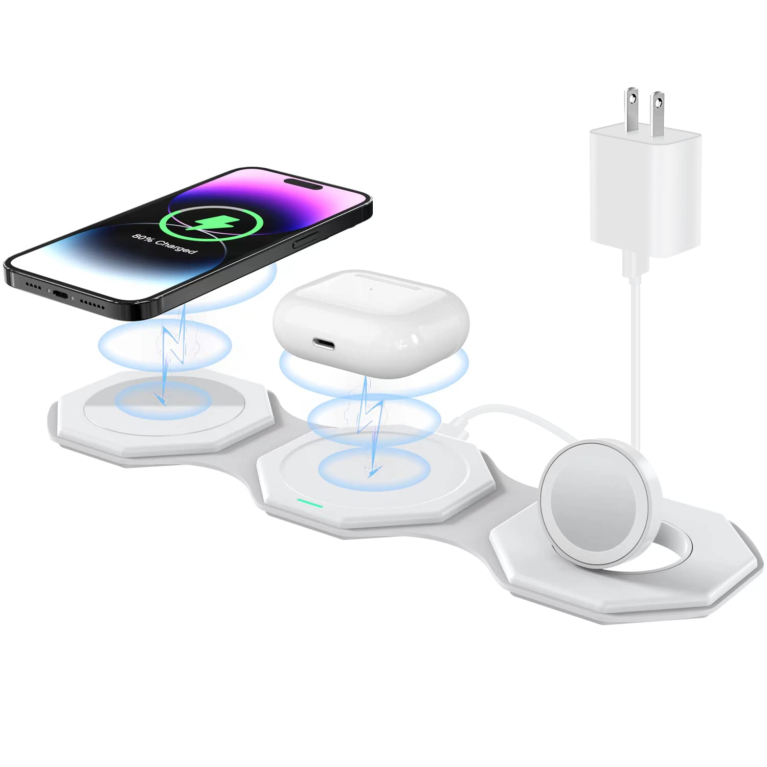 Wireless Charger 3 in 1, Magnetic Travel Wireless Charging Station Multiple Devices, Fodable Charging Pad Dock for iWatch iPhone 14 13 12 Pro Max Plus & Airpod (Adapter Inclues)