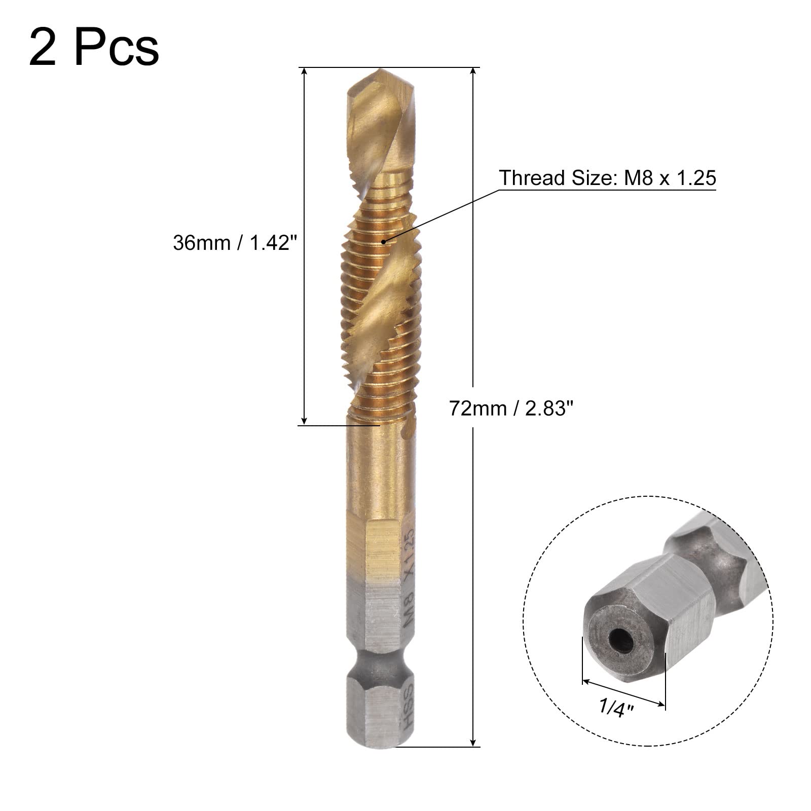 uxcell Combination Drill and Tap Bit, 1/4" Hex Shank M8 x 1.25 Metric Titanium Coated High Speed Steel 4341 Spiral Flute Drilling Tapping Tool Extra Long 2pcs