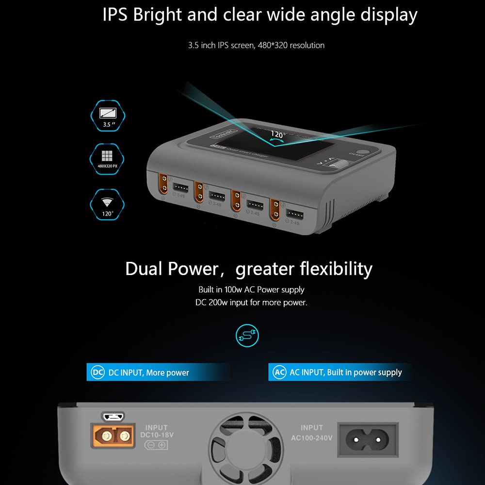 ToolkitRC Q4AC XT60 US Plug 4x50W 5A AC 100W 4 Port DC Smart Charger AC DC Smart Charger IPS Bright Clear Wide Angle Display