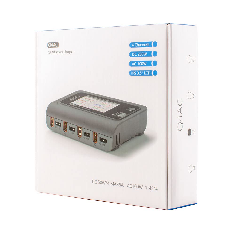 ToolkitRC Q4AC 4x50w 4 Ports XT60 Adapters AC DC Smart Charger IPS Bright and Clear Wide Angle Display US Plug