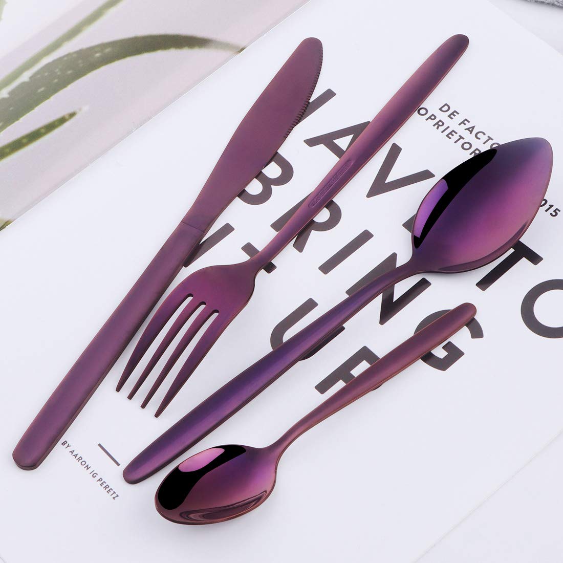 Purple Silverware Set, BuyGo 24-Piece Stainless Steel Camping Flatware Dinnerware Set for 6, Hand Polish, Dishwasher Safe