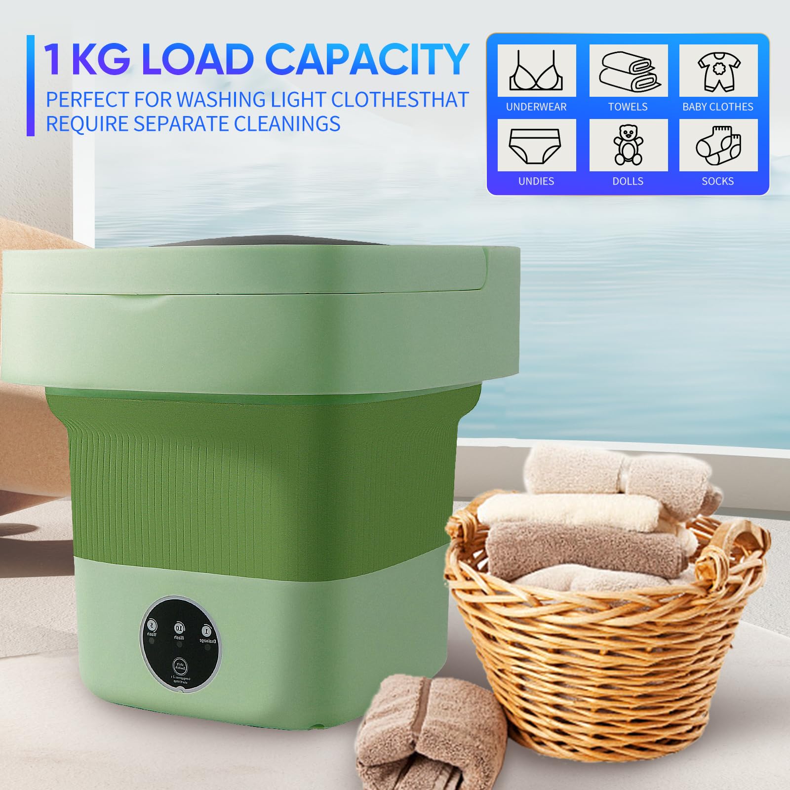 MTTL Portable Washing Machine,Foldable Mini Washer Machine, Small Laundry Machine and Drye for Underwear,Baby Clothes or Small Items,Suitable for Apartment, Dorm,Camping,RV Travel,Green