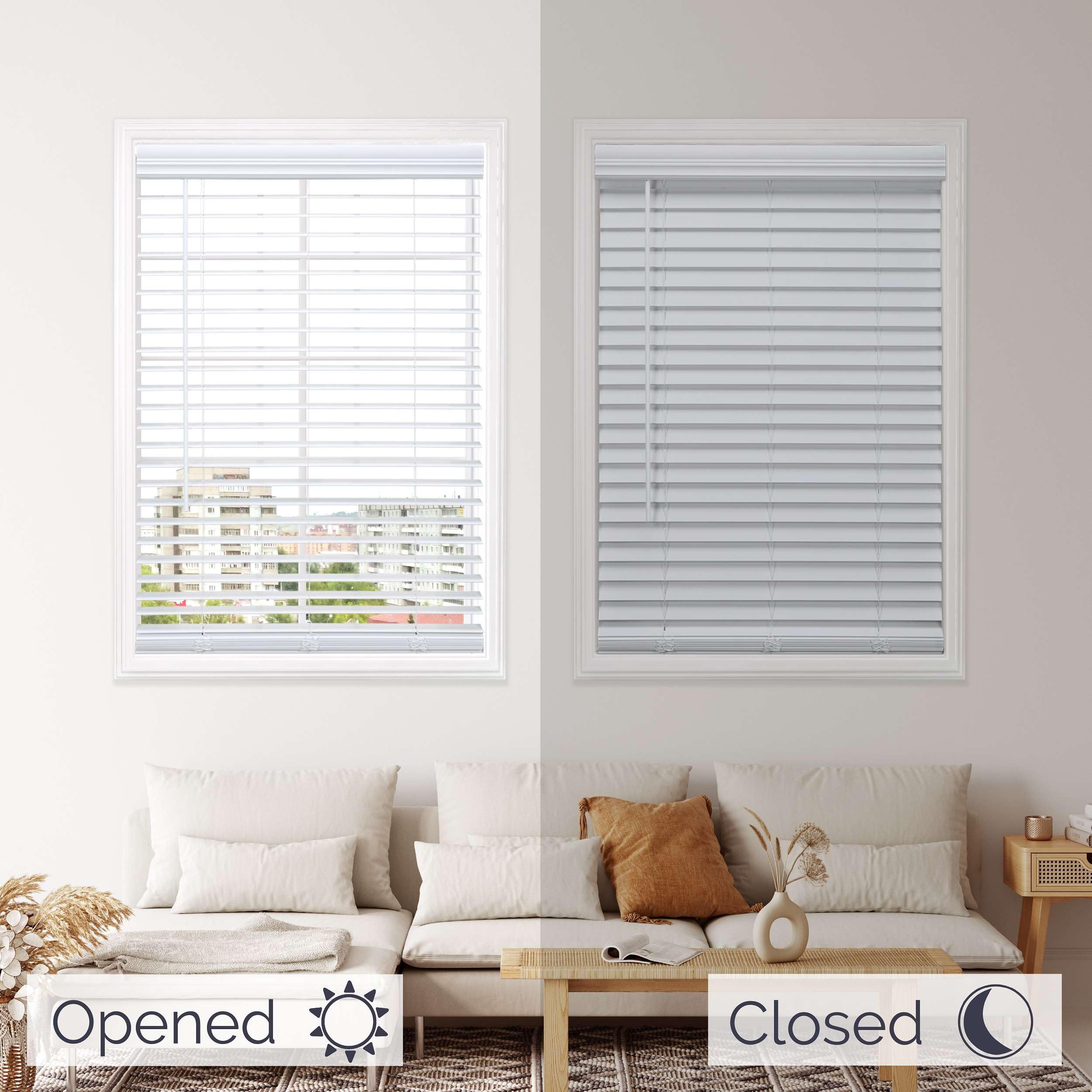Linen Avenue Cordless Faux Wood Blind White 47 W x 48 H, Flush Inside Mount (No Valance Side Pieces Included, Arrives ½ Inch Narrower)
