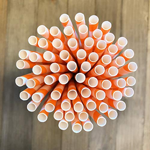 Stripe Paper Straws - Party Supply - Orange White - 7.75 Inches - Pack of 100 - Outside the Box Papers Brand