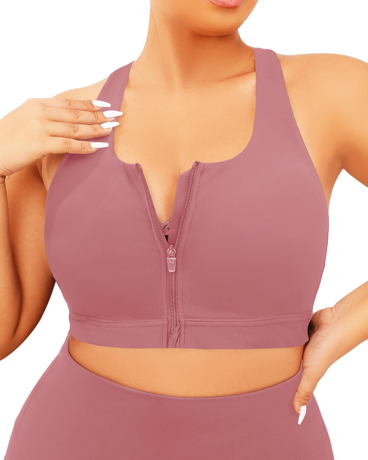 MARINAVIDA Plus Size Zipper Front Sports Bra High Impact Racerback Bras for Women Pink Padded Workout Crop Tops 2X/3X/4X/5X