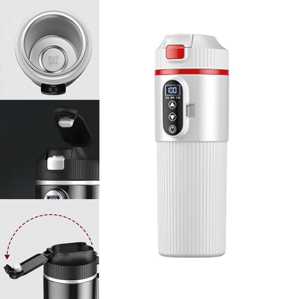 ＫＬＫＣＭＳ Car Heating Cup Car Electric Kettle Easily Washing Hot Water 450ml Travel Mug Electric Heated Travel Mug for Milk Heated, White