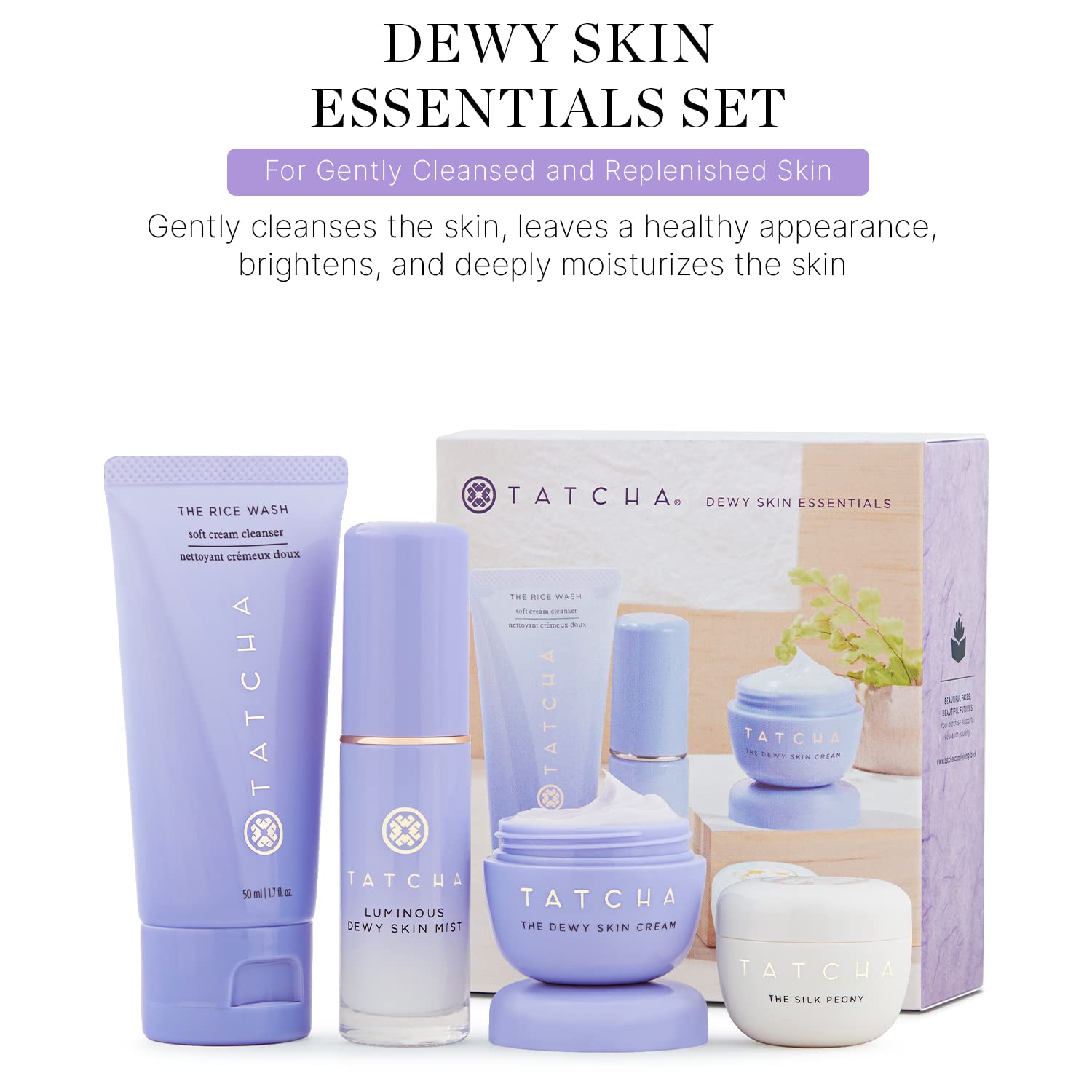 Tatcha Dewy Skin Essentials Exclusive Amazon Set: Rice Wash, Dewy Skin Cream, Silk Peony & Luminous Dewy Skin Mist