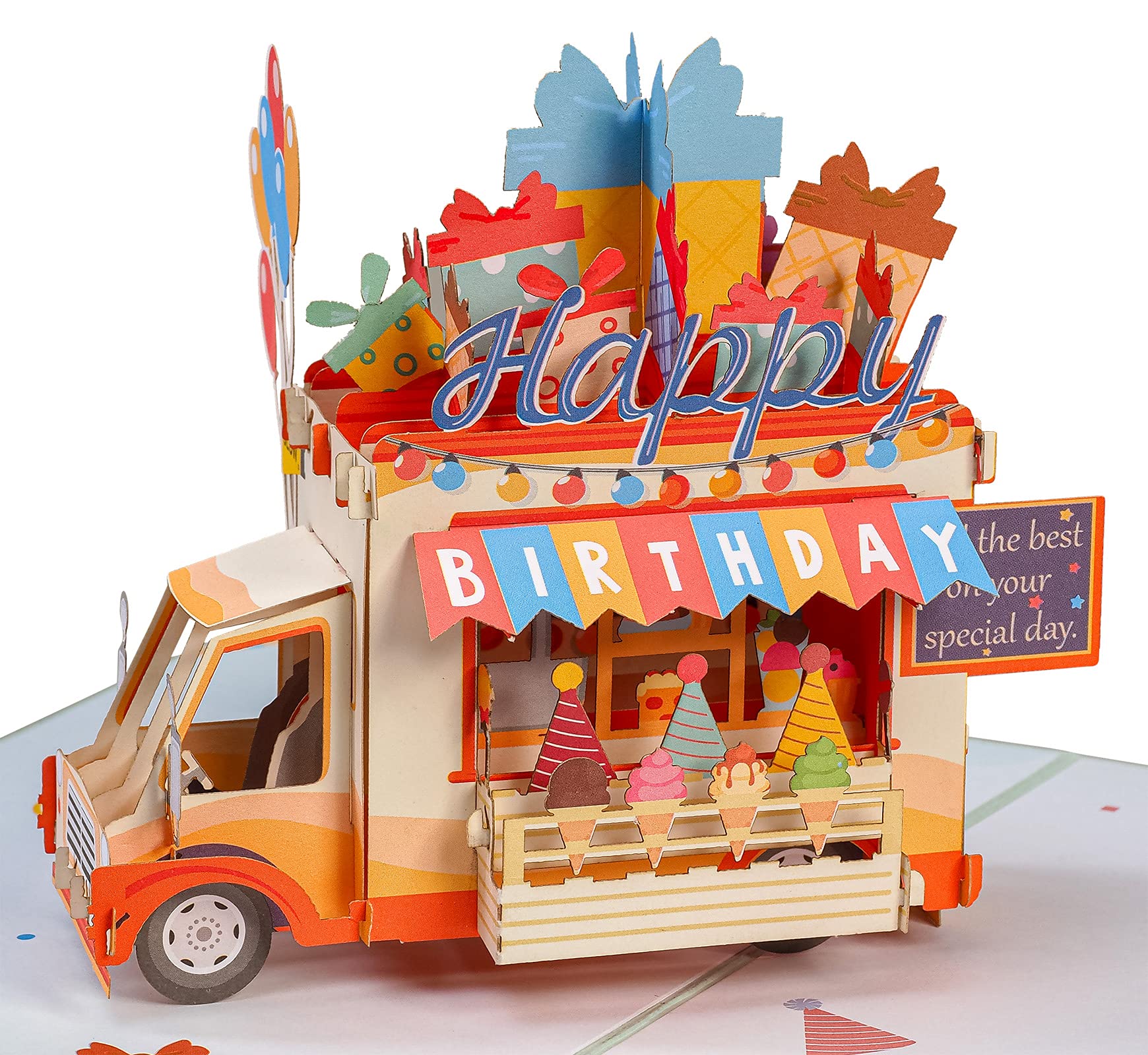 Paper Love Happy Birthday Ice Cream Truck Pop Up Card, For Adults and Kids - 5"x7" Cover - Includes Envelope and Note Tag