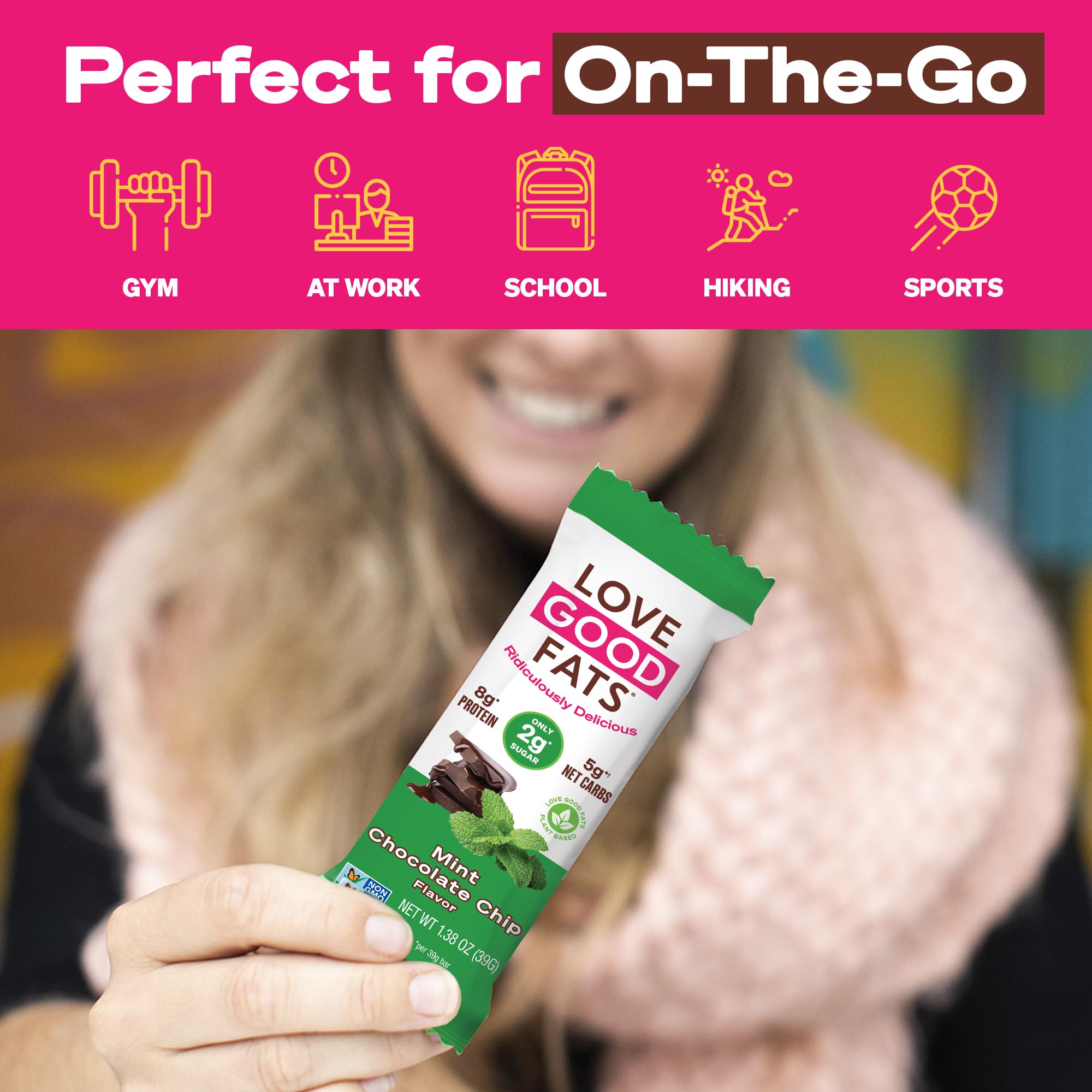 Love Good Fats Mint Chocolate Chip and Truffle Peanut Butter Chocolate - Plant-Based Protein Snack, Low Carb, Low Sugar, Gluten Free, Non GMO, 12 Pack