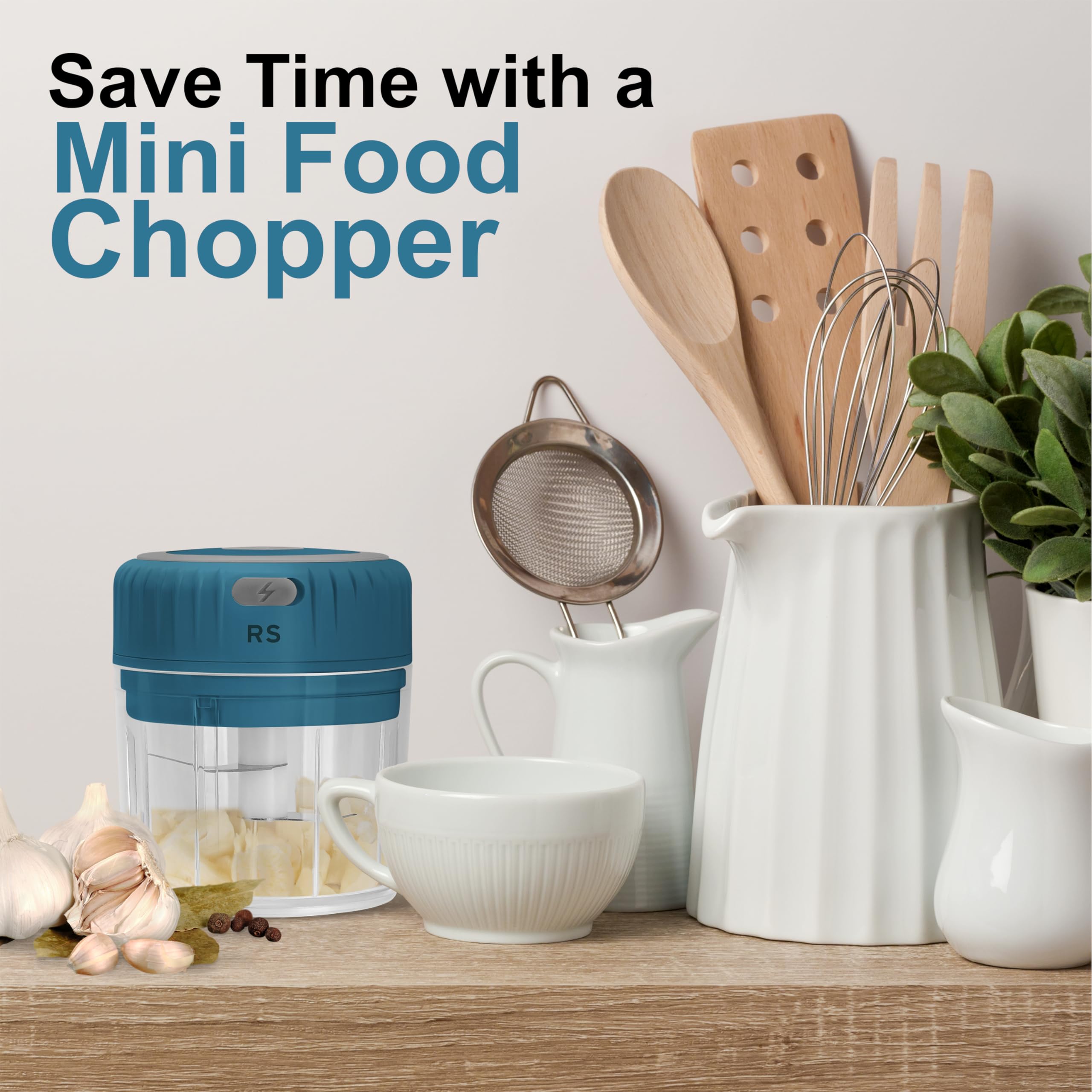Real Simple Electric Mini Food Processor | Great for Garlic, Onion, Ginger, JalapeƱo, Mini Chopper for Quick Food Prep Station | Portable USB Charging, 250 ML Food Container | Blue