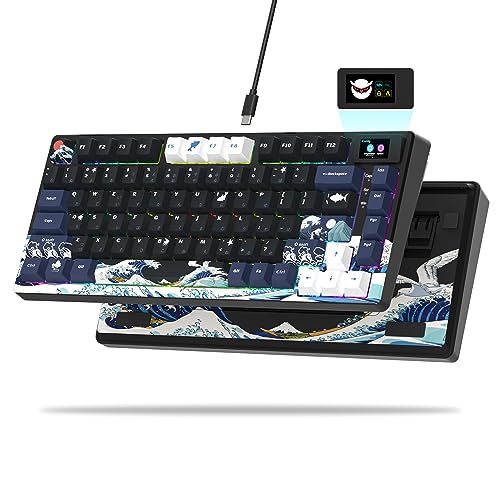 XVX S-K80 75% Keyboard with Color OLED Display Mechanical Gaming Keyboard, Hot Swappable Keyboard, Gasket Mount RGB Custom Keyboard, Pre-lubed Stabilizer for Mac/Win, Black Kanagawa Theme