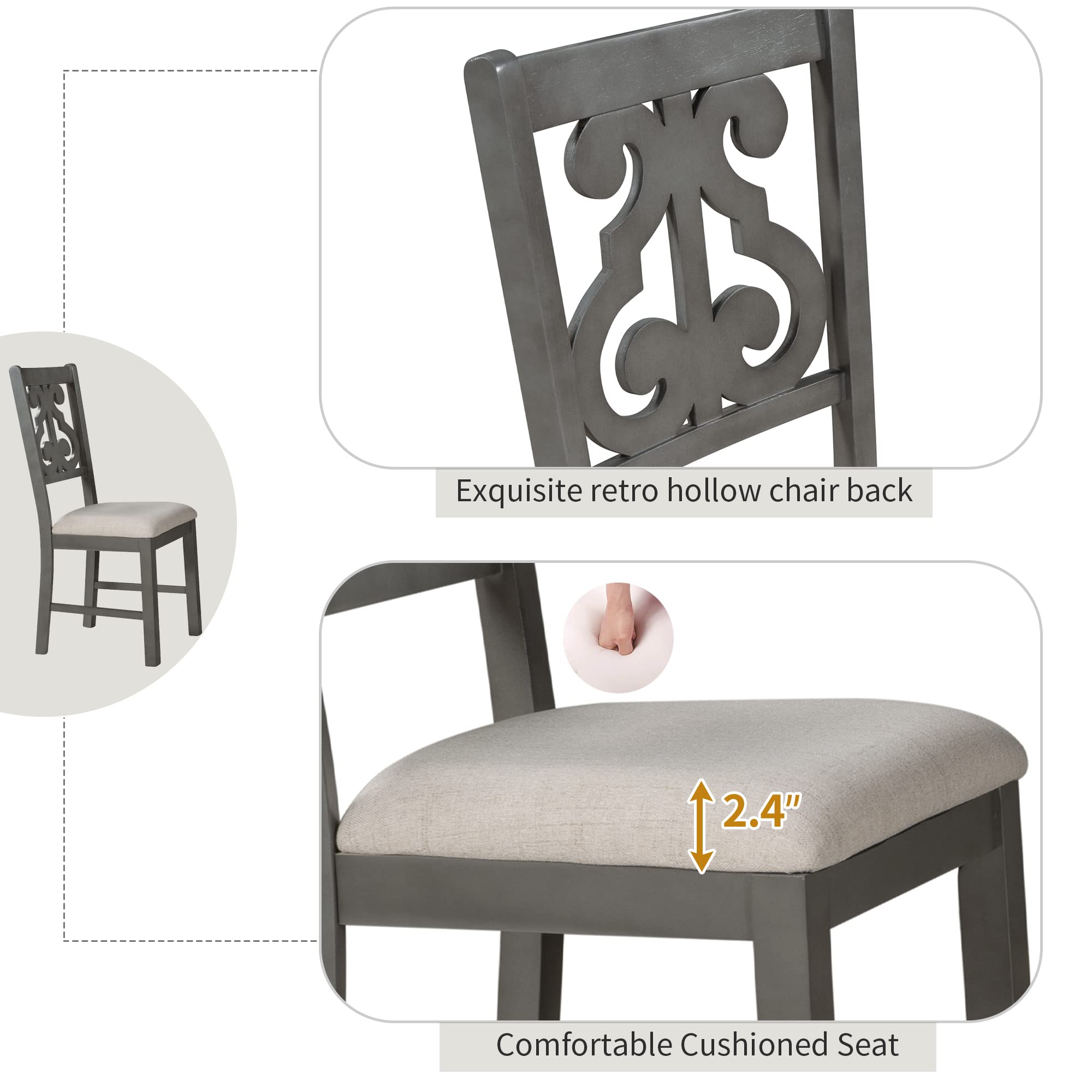 LCH 5 Piece Round Table Set 4 with Special-shaped Legs and an Exquisitely Designed Hollow Chair Back in The Dining Room (Grey)