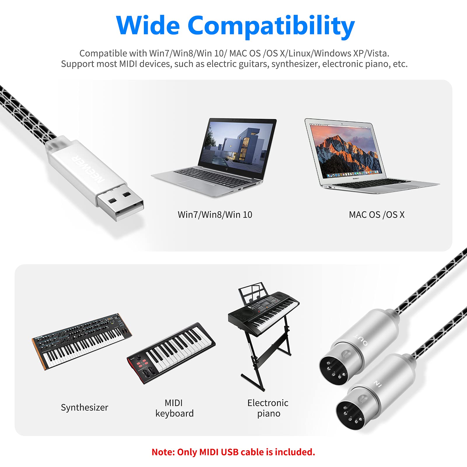 Neewer MIDI Cable, 5-Pin MIDI to USB Cable, MIDI Interface in-Out to USB Converter MIDI Adapter with Indicator for Piano Keyboard to PC Mac Laptop