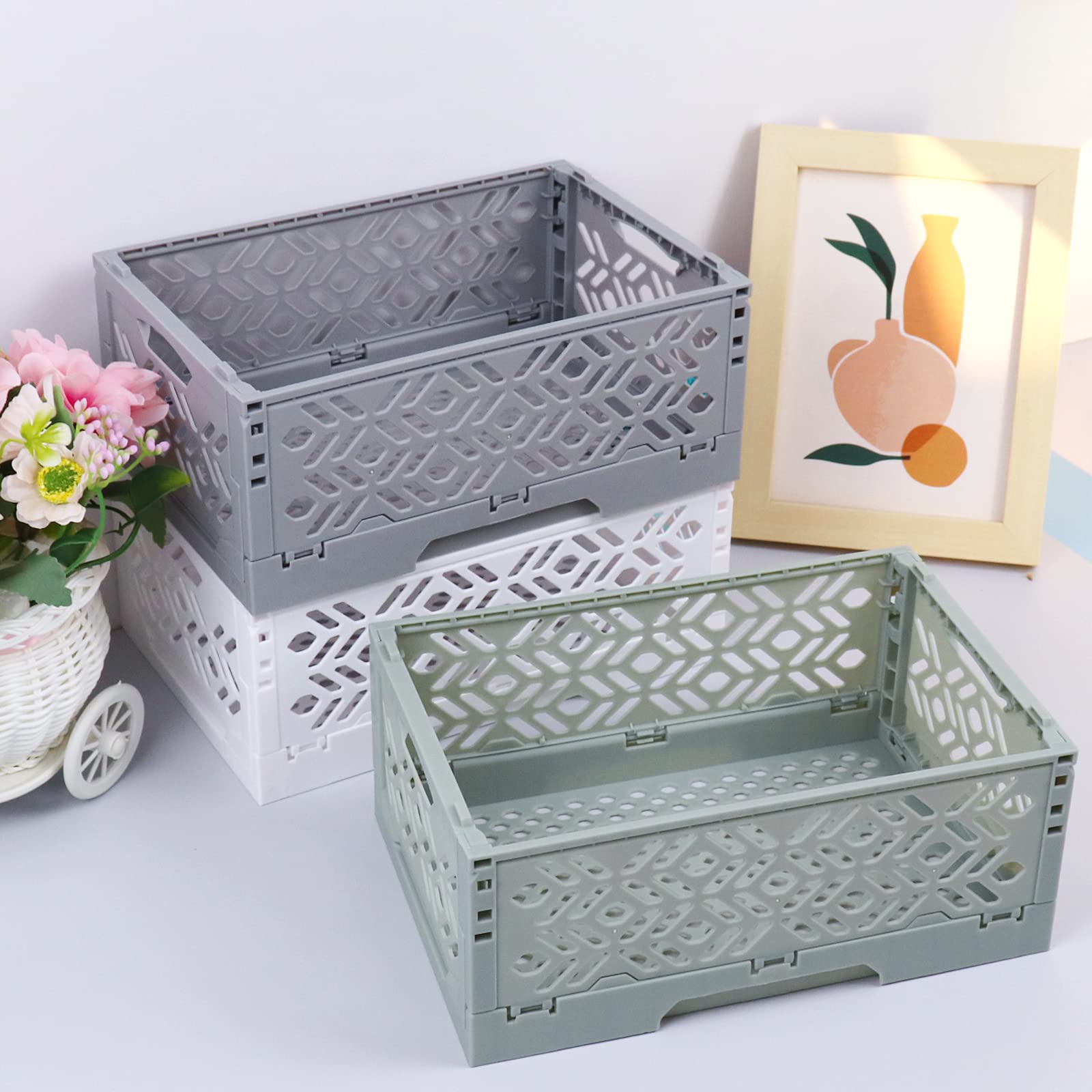 Klyuqoz Pastel Crates (9.4'' X 6.3'' X 3.9''), Storage Crates Plastic Stackable, Cute Crates Pack of 3, for Home Bedroom Office Kitchen Decoration(Green, Gray, White)