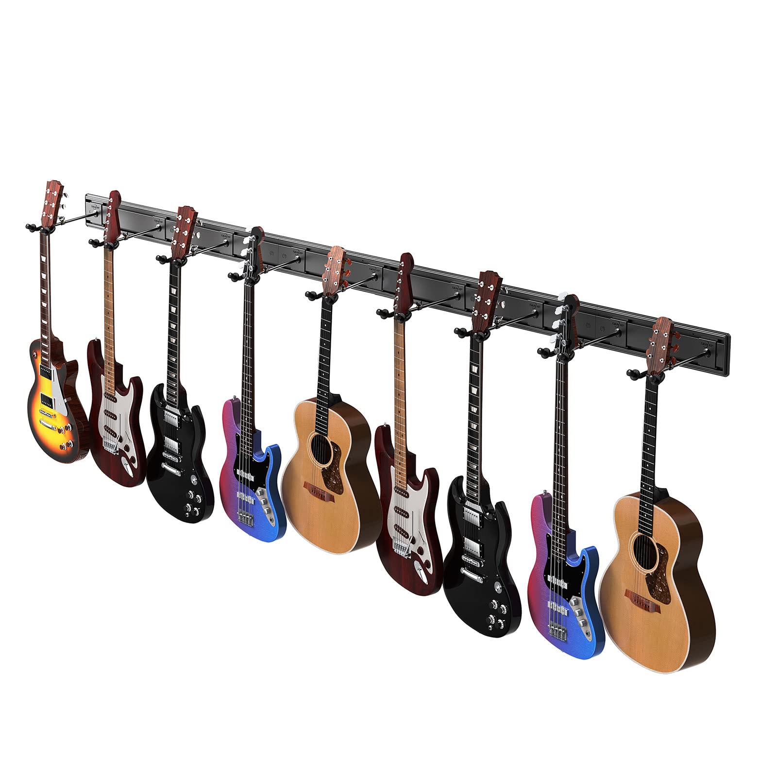 SKAEHP Guitar Wall Mount Hangers，with 10 Adjustable Ukulele Hooks, Premium Aluminum Bass Rack，Banjo Stand for Acoustic Electric Guitars,Violin, Mandolin and String Instruments（Black）
