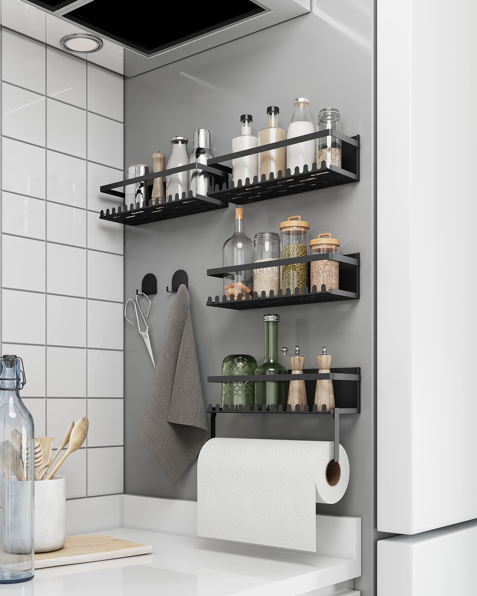 OROPY 4 Pack Magnetic Spice Racks with Paper Towel Holder, Metal Kitchen Spice Organizer Shelf for Refrigerator,Strong Magnetic Fridge Shelf with Hooks