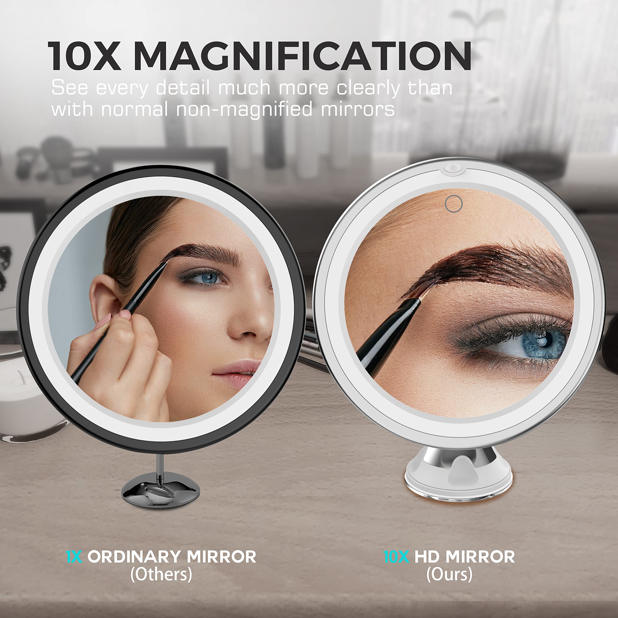 Vimdiff 10X Magnifying Mirror with Light, Makeup Mirror with Touch Control LED Lights, 360 Degree Rotating Arm, and Powerful Locking Suction Cup, Mirror with Lights for Bathroom Vanity and Travel