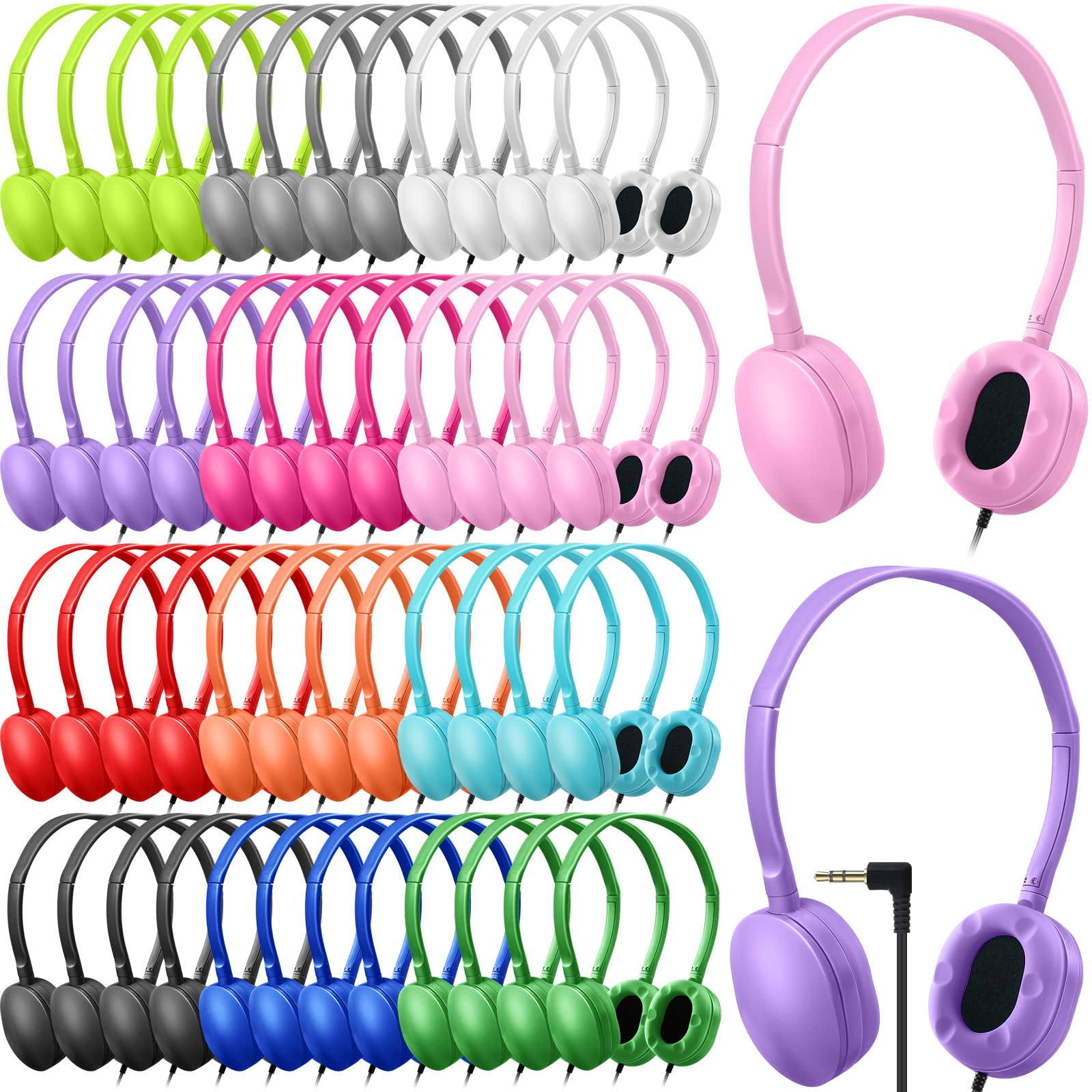 Yunsailing 48 Pack Bulk Headphones for Classroom Multi Color on Ear Headphone Adjustable School Wired Headphone Library Headphone with 3.5 mm Plug for Adults Kids Student Museum Travel Plane Tablet