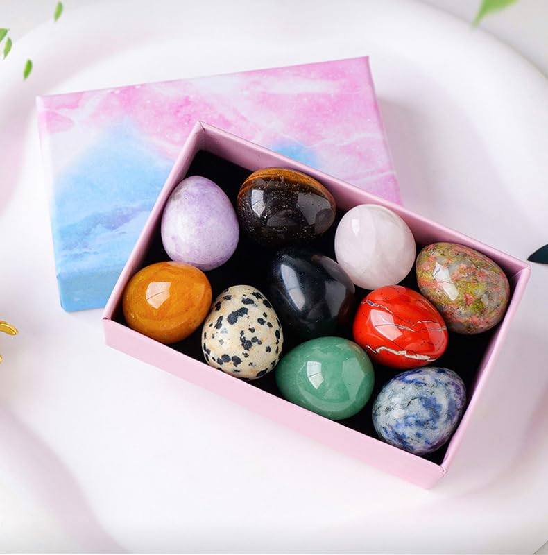 MuYu Art Cute 10 Pcs Egg Crystal Stones Kit, Mixed Colors Bird Eggs Shape Stones Decor Chakra Healing Crystals Eggs Gift