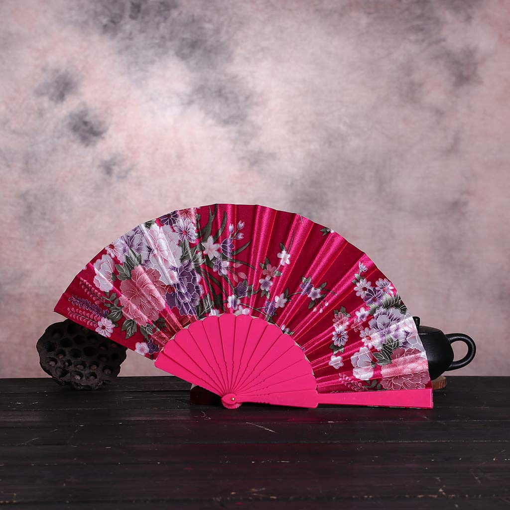 Party Dance Lace Fan Wedding Silk Hand Held Folding Flower Fans Window Fans with Exhaust And Intake (Hot Pink, One Size)