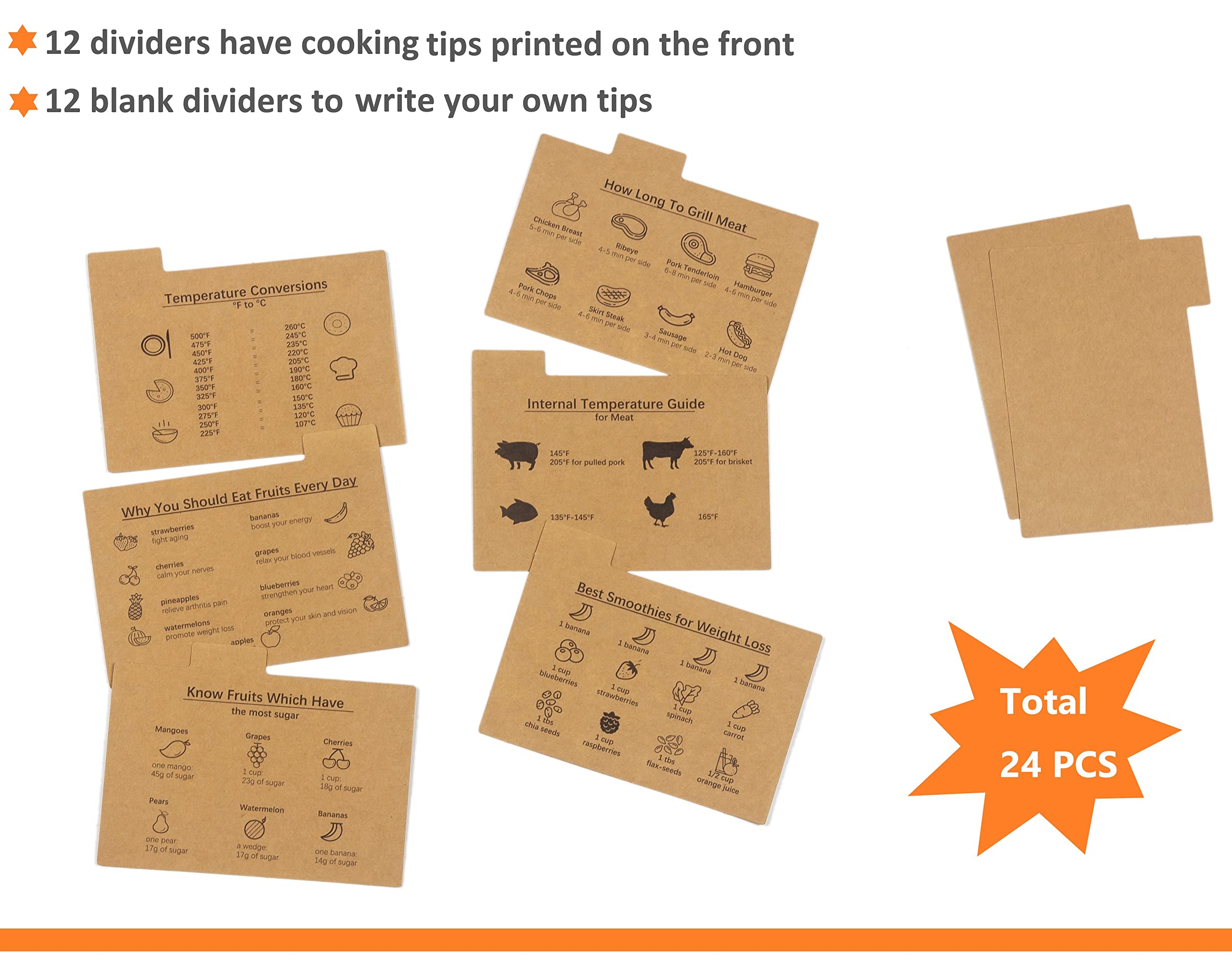 Recipe Card Dividers 4x6 with Tabs (Set of 24) Includes Printed Cooking Tips Recipe Box Dividers Made of Thick Cardstock Best Kitchen Gift (Kraft)