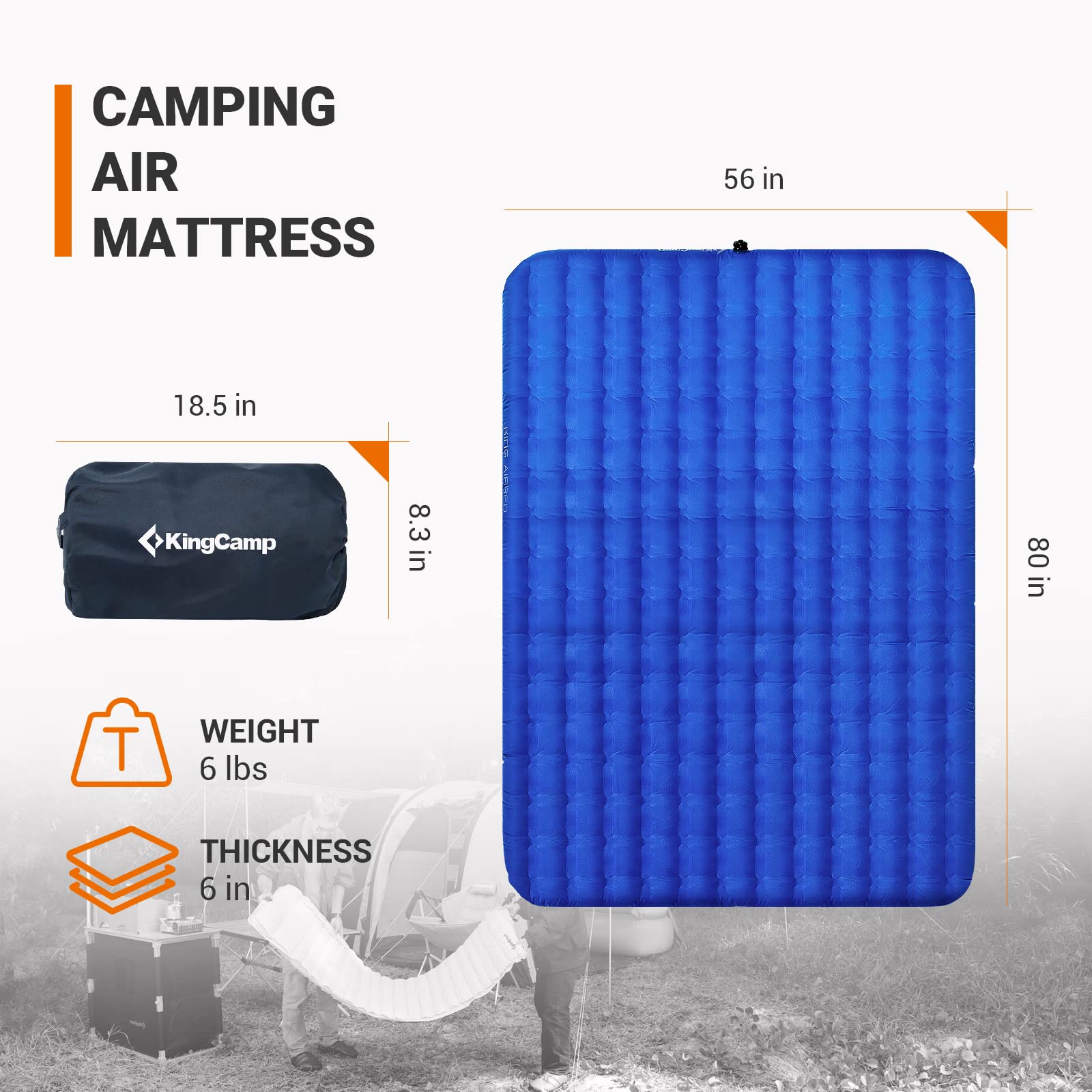 KingCamp Sleeping pad for Camping 6" Thick Camping Mattress 2 Person Inflatable Mattress Camping with Pump Up to 550LB for Heavy Weight for Tent Backpacking Queen Size Camping Pad Blue