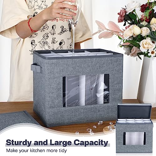 Norme 3 Pcs Wine Glasses Storage Box with Dividers, 12 Compartments Champagne Flute Storage Box with Lid Handle Window China Storage Containers Hard Glass Holder Packing Boxes for Moving