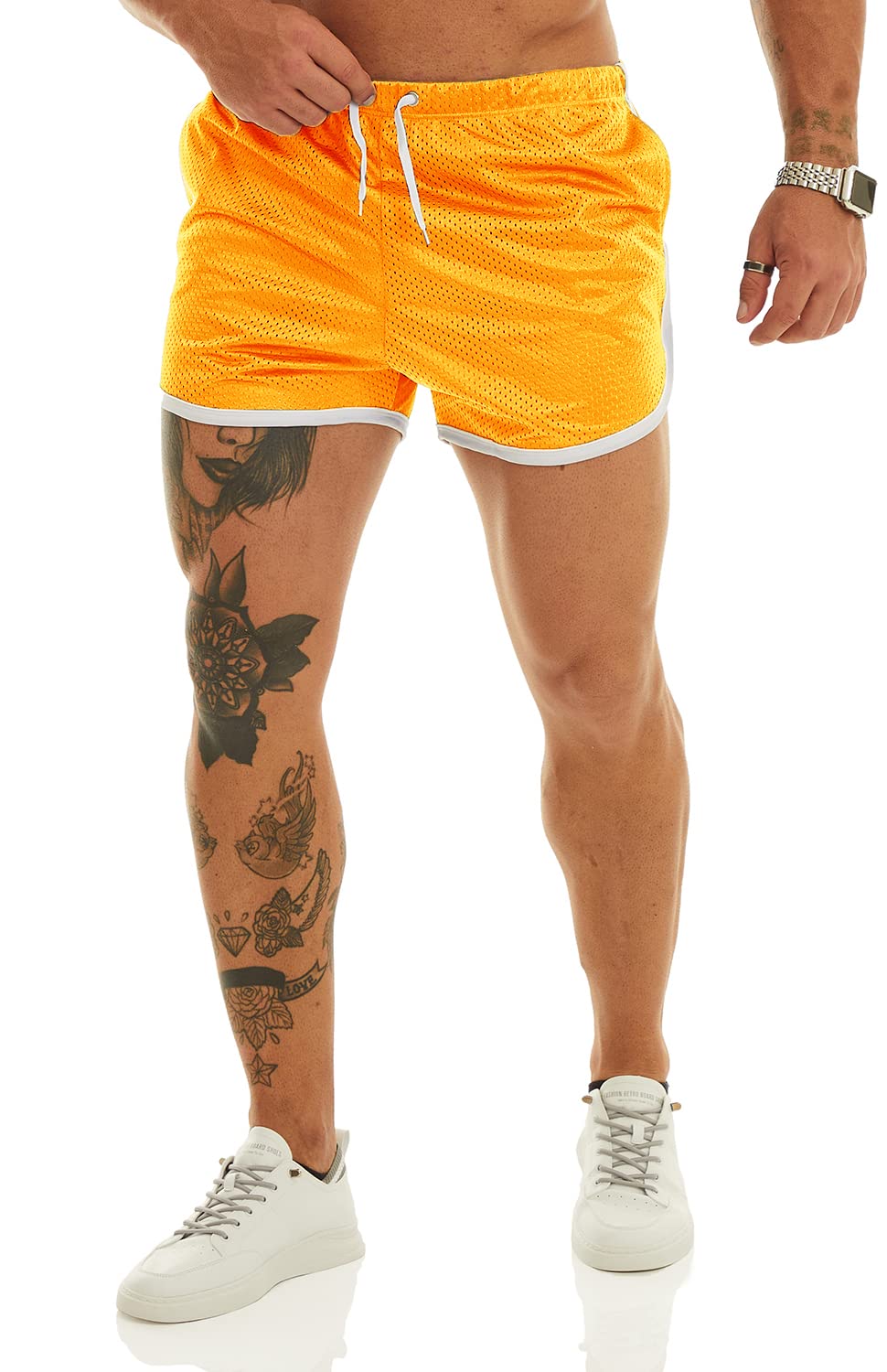 Ouber Men's Fitted Shorts Bodybuilding Workout Gym Running Tight Lifting Shorts with Pockets (Yellow, Small)
