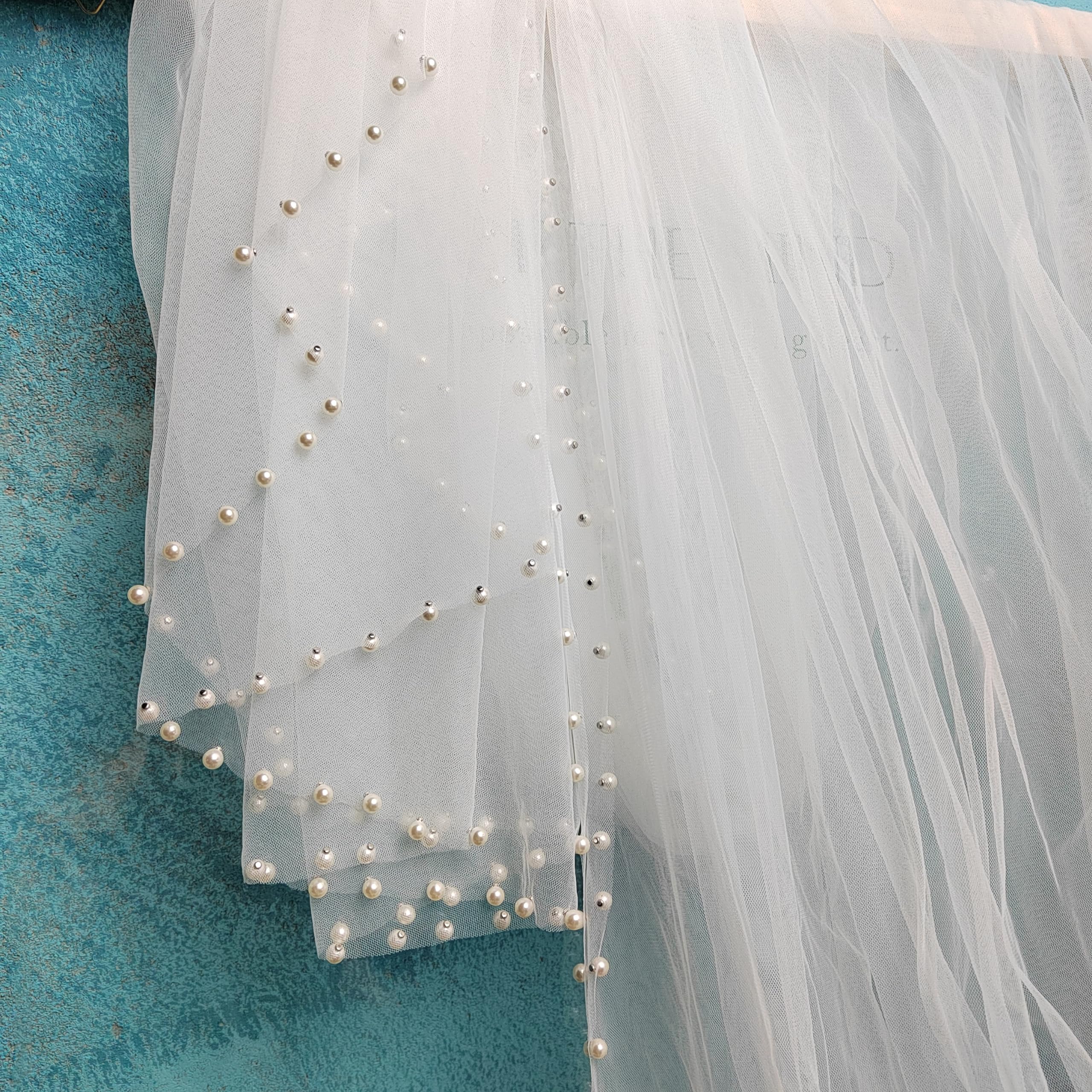Passat Ivory 2Tiers 3M Cathedral Veils Double Pearl Wedding Veil Silk Satin Ribbon Bridal Veil For Wedding Blusher Pearls Trim Veil Wedding Gift