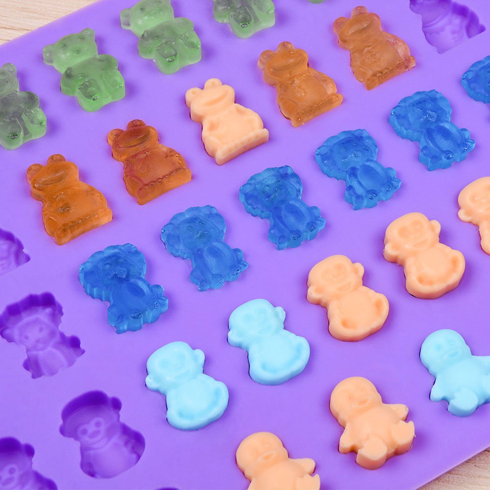 Silicone Candy Gummy Bear Molds - Chocolate Molds Including Bears, Frogs, Lions, Monkeys, Penguins Gummie Molds Premium Silicone BPA Free, Pack of 4 with 2 Droppers