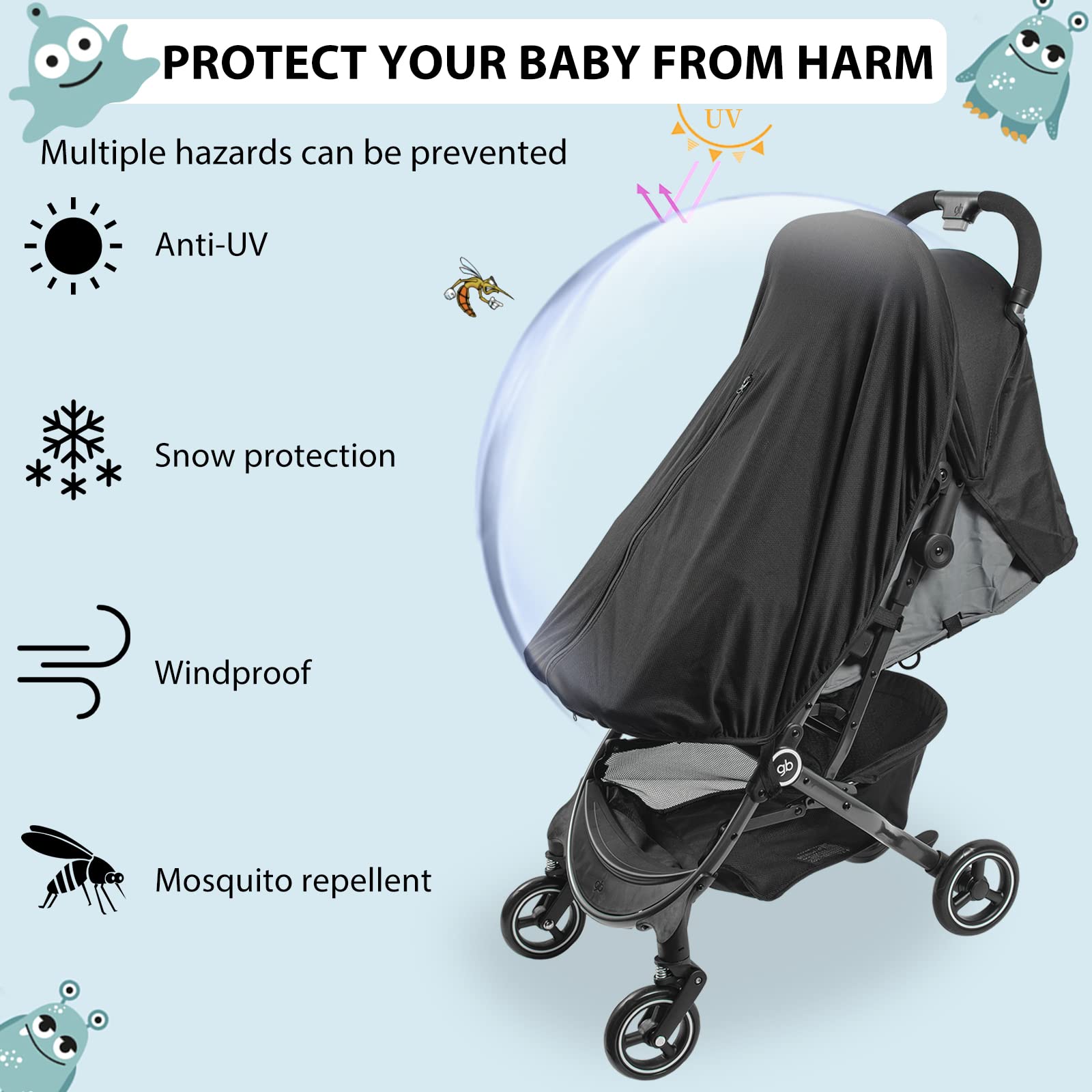 TORIBIO Sun Shade for Stroller, Universal Stroller Cover for UV Sun and Sleep Shade, Strollers Sun Shade Cover for Baby Sun Protection, Breathable and Blocks 95% of The Sun's Rays
