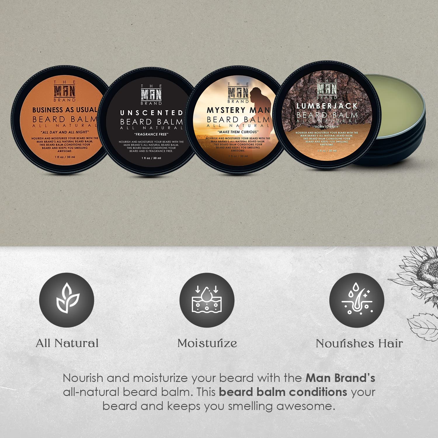 The Man Brand Beard Balm Sample Pack, 1 oz - Natural Beeswax Based Conditioning Balm for Beard Care, Four Horsemen Scent, 4 Fluid Ounces