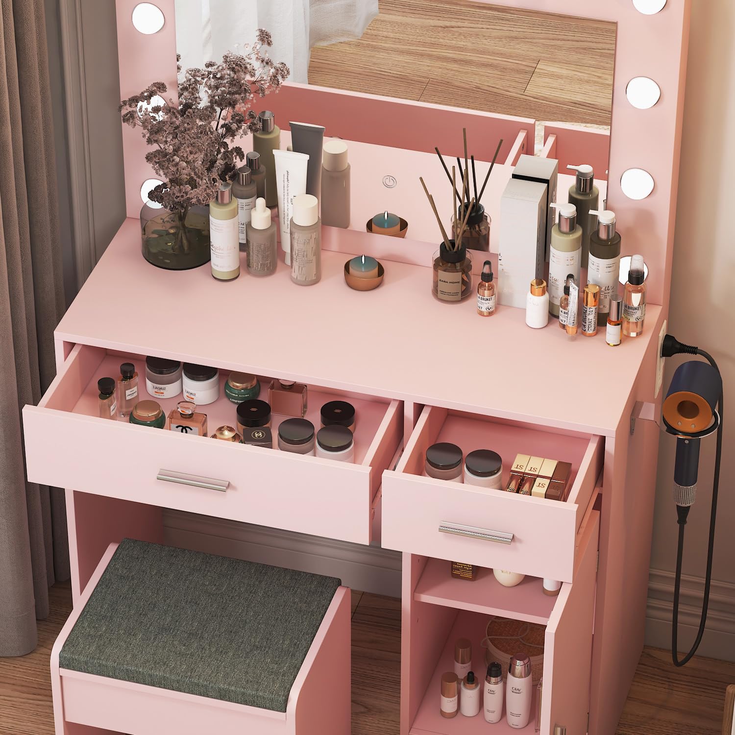 Viaozutis Vanity Desk with Mirror and Light, Large Drawer Power Socket with 11 Light Bulbs, 3 Adjustable Lighting Modes, Bedroom Vanity Table (Pink)