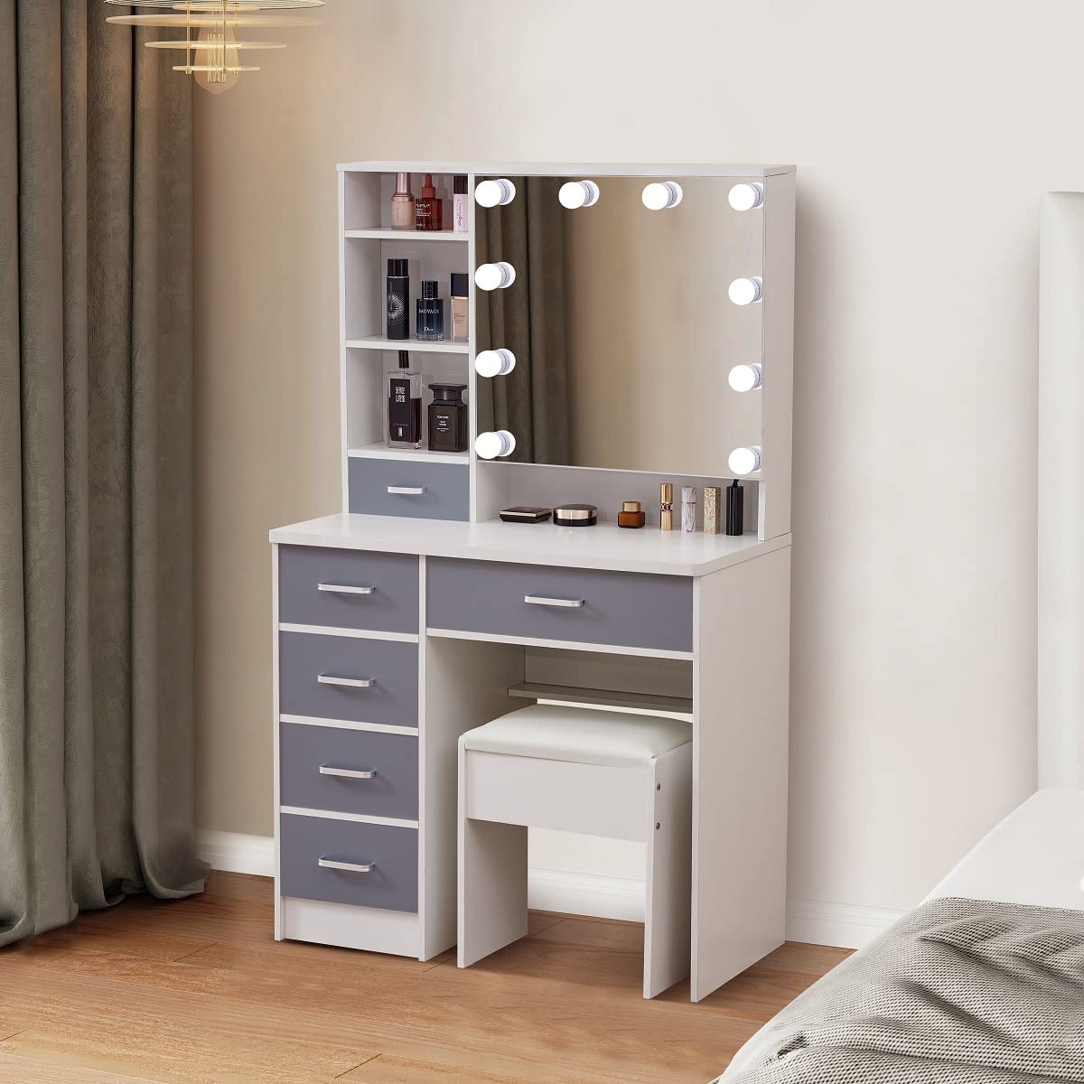 Large Vanity Desk Set with LED Lighted Mirror, 6 Drawers Makeup Vanities Dressing Table with Stool, for Bedroom, White