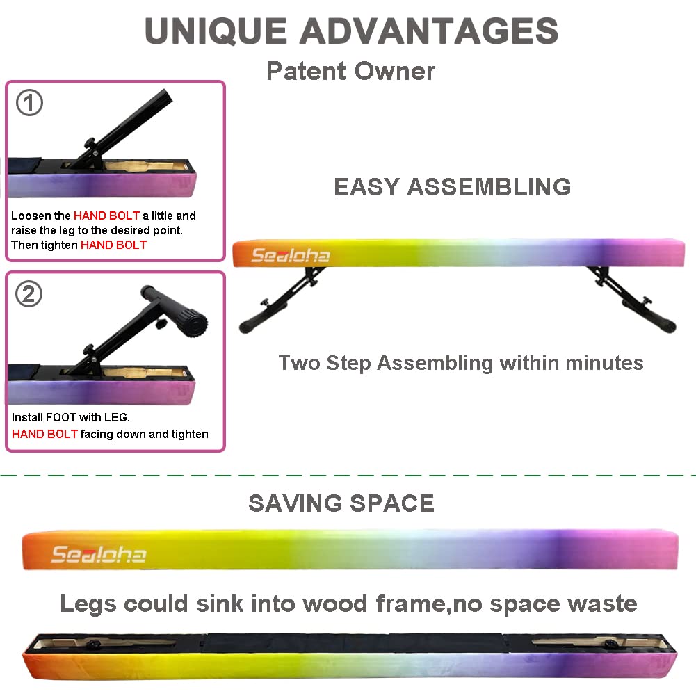Sealoha 8ft Adjustable&Foldable Balance Beam,High-Low Floor Beam Suede Gymnastics Equipment,No Tool Require,Gymnastics Beam for Training,Physical Therapy and Professional HomeTraining (Rainbow)