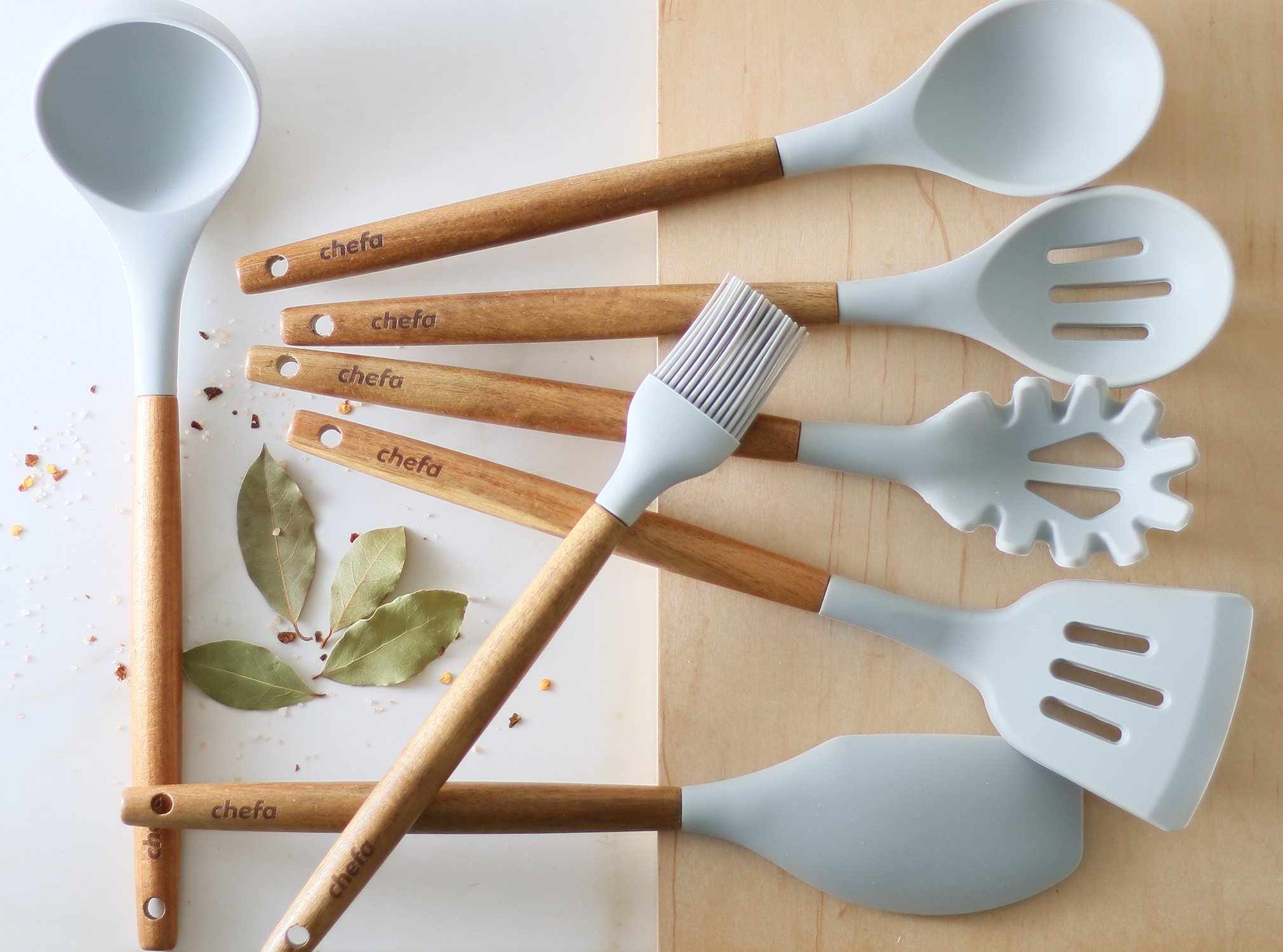 Silicone Cooking Utensils | Wooden Handle, Non-Stick Cookware Heat Resistant Kitchen Utensil Spatula, Slotted & Solid Spoon, Soup Ladle, Slotted Turner and Spaghetti Server,| Acacia Wood - Light Grey